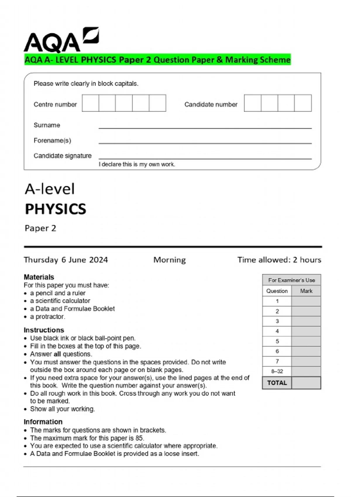 AQA A- LEVEL PHYSICS Paper 2 Question Paper & Marking Scheme - AQA AS ...