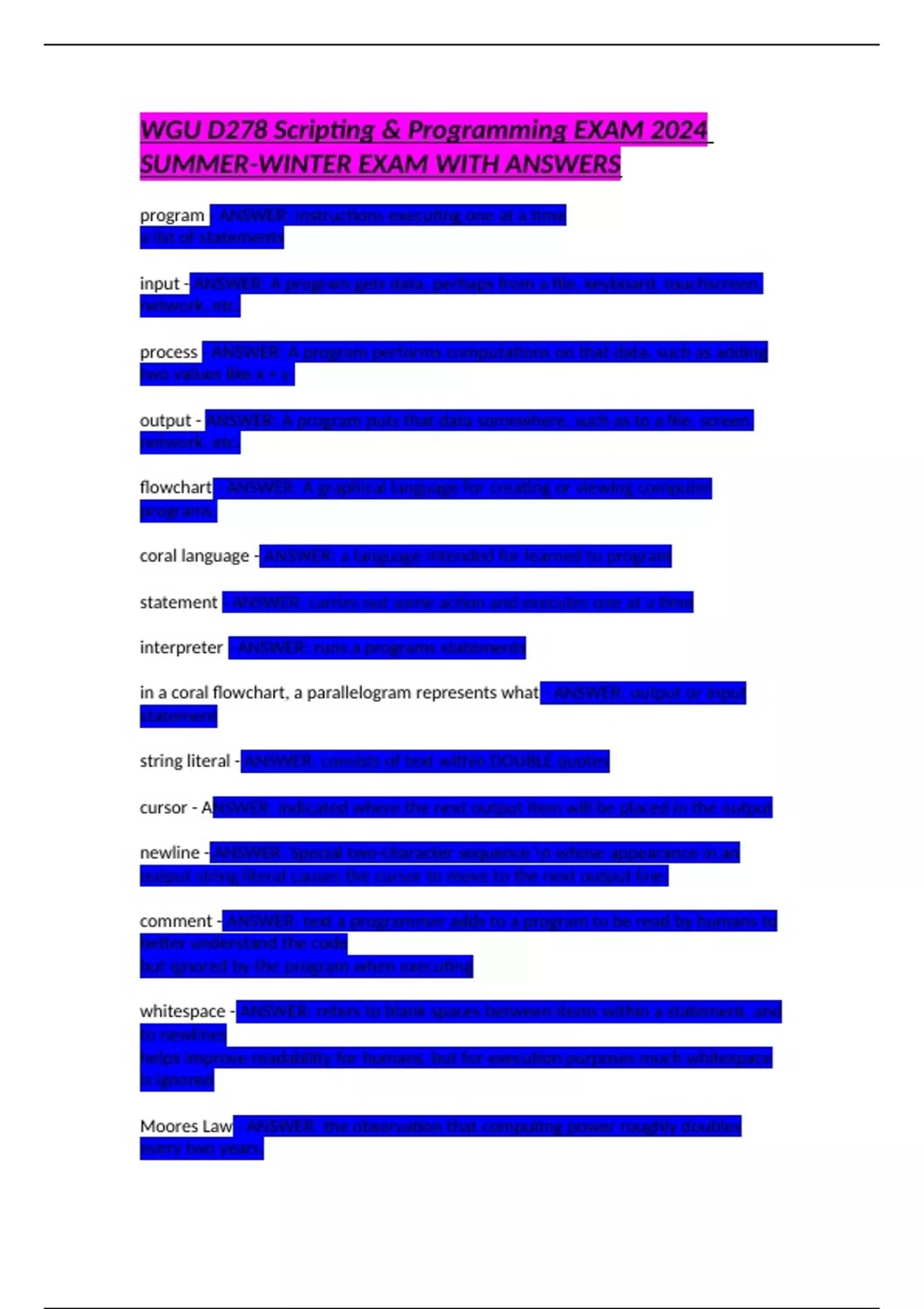 WGU D278 Scripting & Programming EXAM 2024 SUMMER-WINTER EXAM WITH ANSWERS - WGU D278 Scripting ...