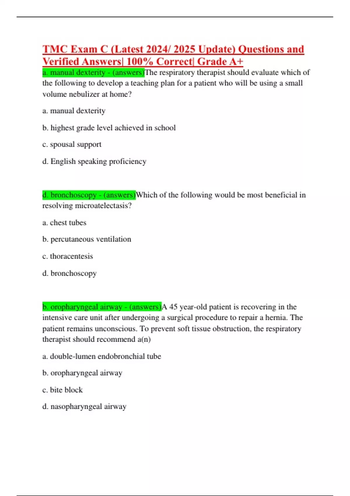 TMC Exam C (Latest 2024/ 2025 Update) Questions and Verified Answers ...