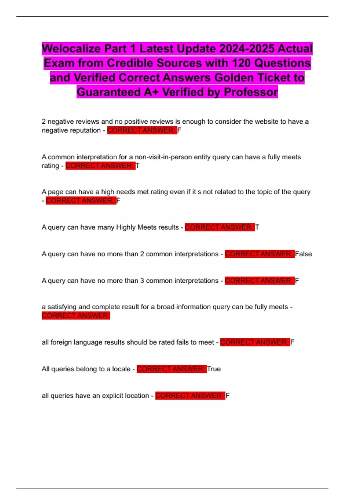 Welocalize Part 1 Latest Update Actual Exam from Credible Sources with ...