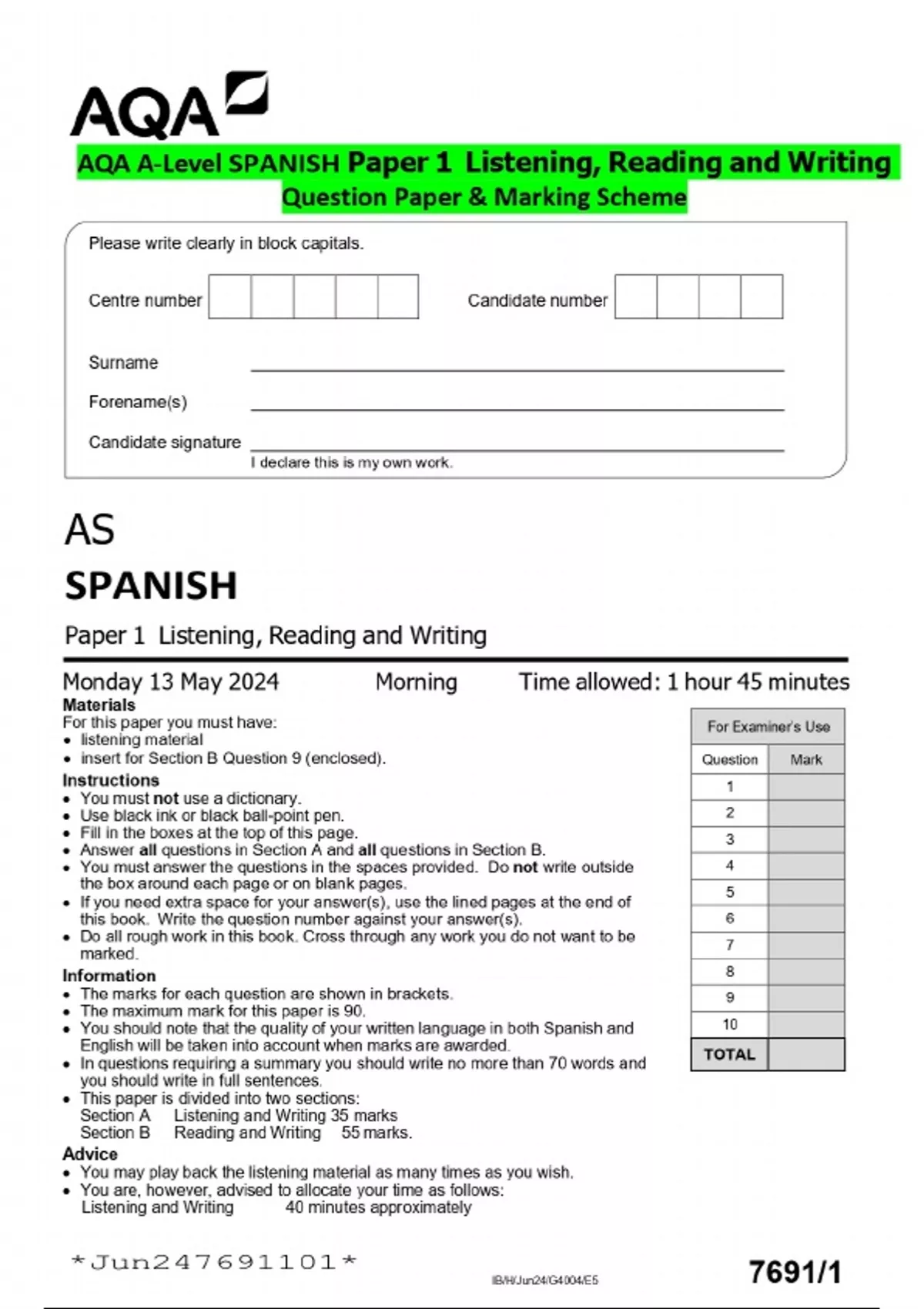 AQA A-Level SPANISH Paper 1 Listening, Reading and Writing Question Paper & Marking Scheme - AQA ...