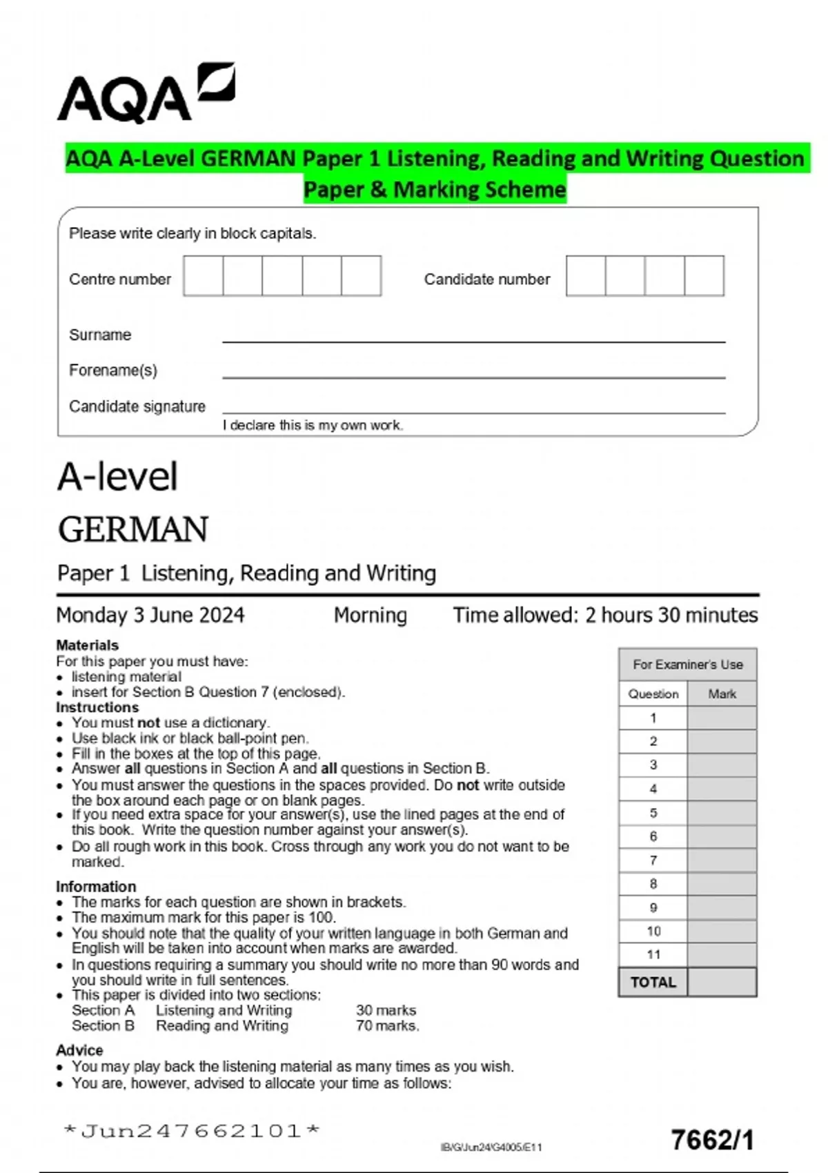AQA A-Level GERMAN Paper 1 Listening, Reading and Writing Question ...