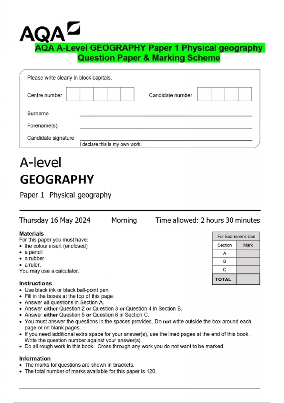 PACKAGE-::AQA A-Level GEOGRAPHY 2024- Complete Question Paper & Marking Scheme - Stuvia US