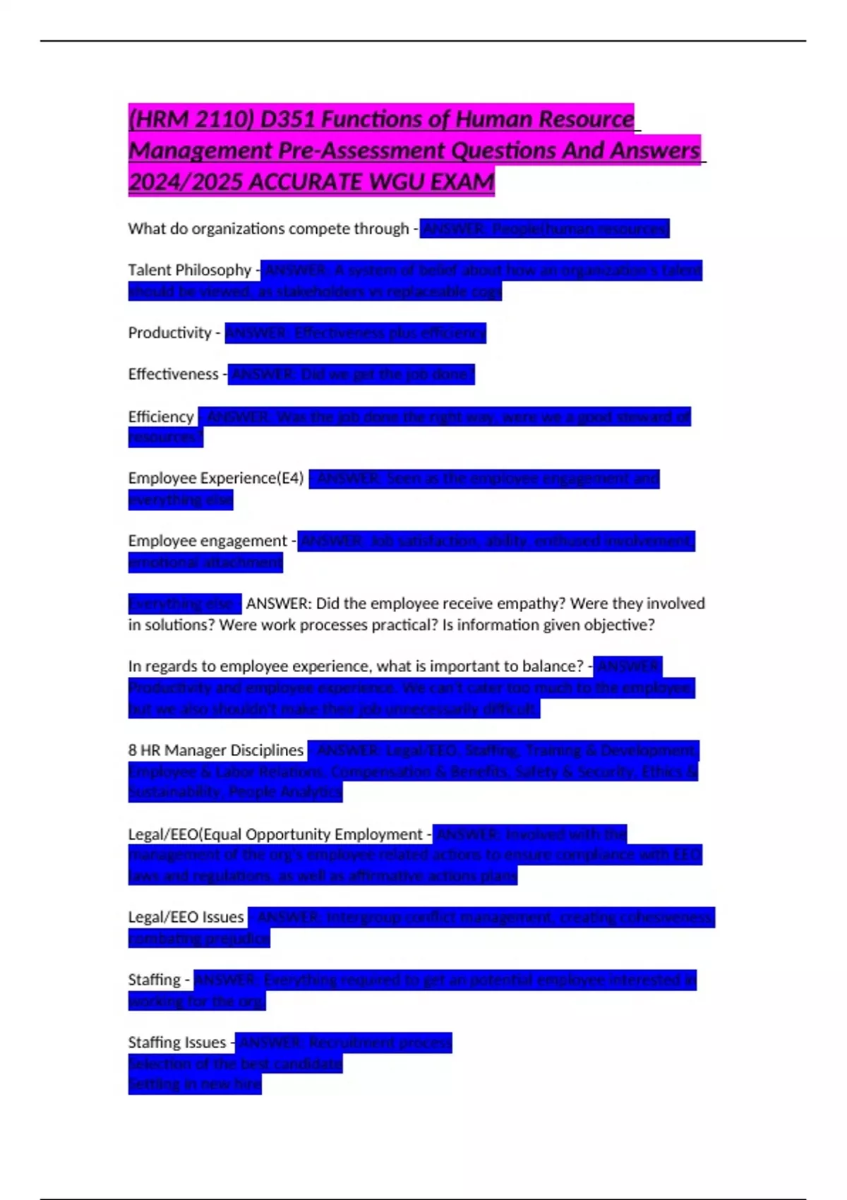 (HRM 2110) D351 Functions of Human Resource Management Pre-Assessment Questions And Answers 2024 ...