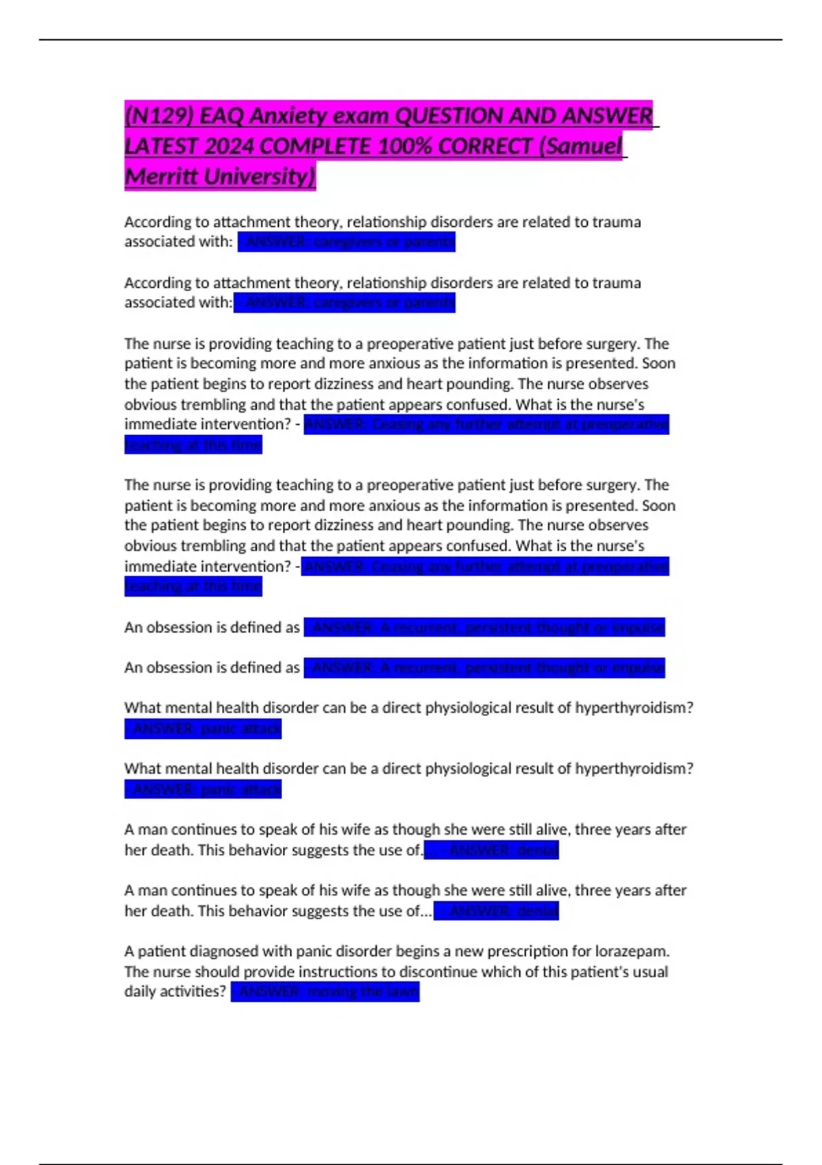 (N129) EAQ Anxiety exam QUESTION AND ANSWER LATEST 2024 COMPLETE 100% ...