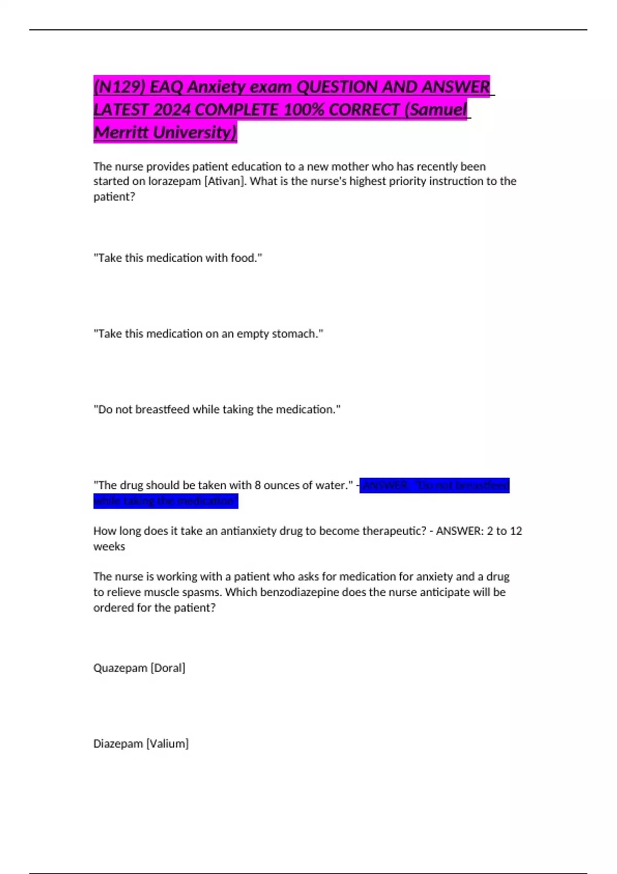 (N129) EAQ Anxiety exam QUESTION AND ANSWER LATEST 2024 COMPLETE 100% ...