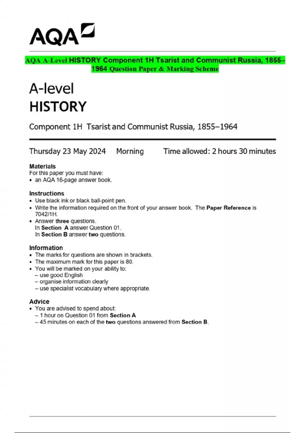 AQA A-Level HISTORY Component 1H Tsarist and Communist Russia, Question ...