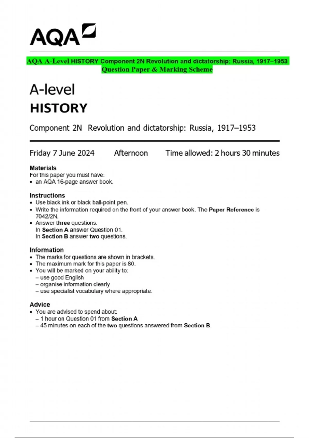 AQA A-Level HISTORY Component 2N Revolution and dictatorship: Russia ...