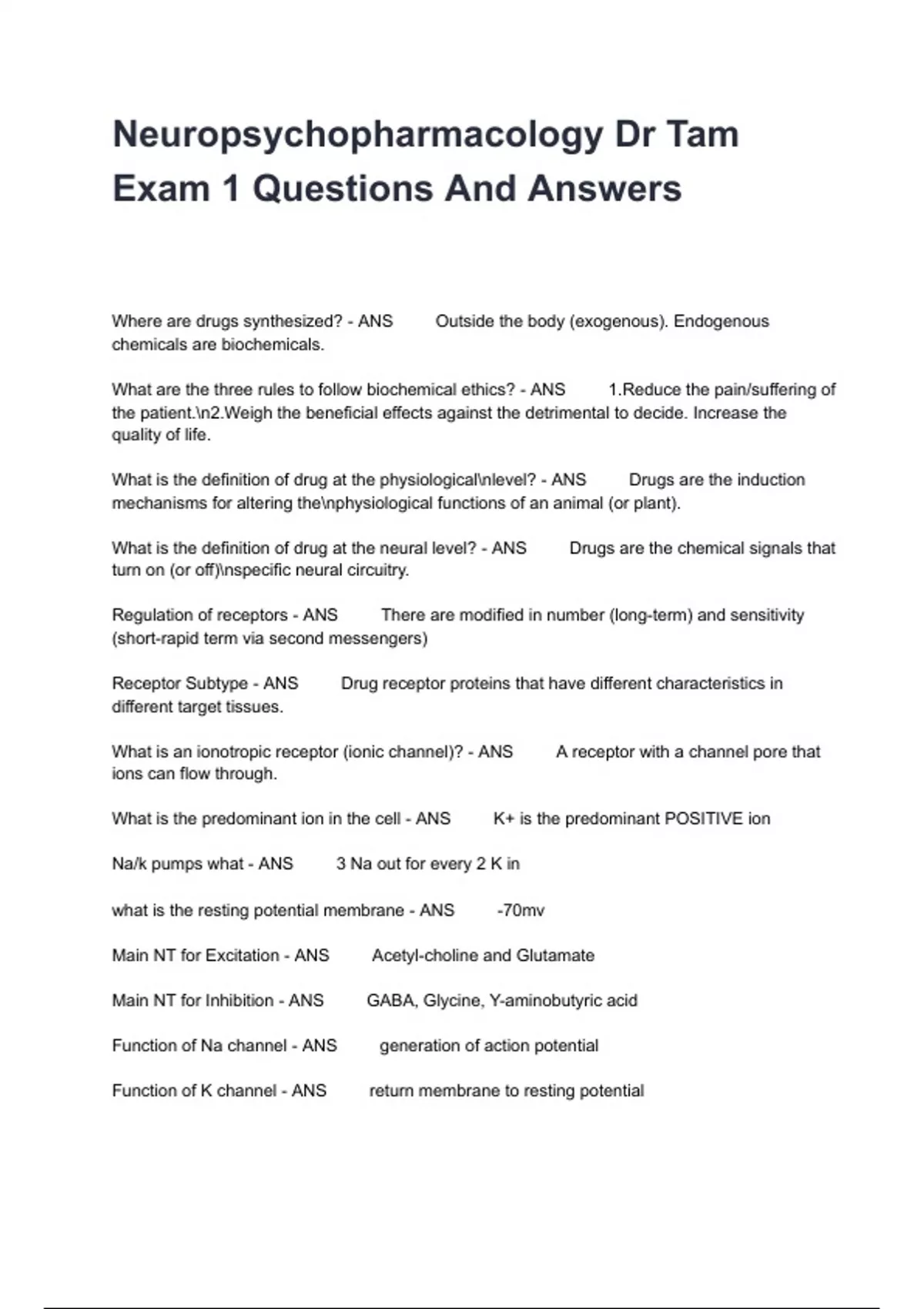 Neuropsychopharmacology Dr Tam Exam 1 Questions And Answers ...