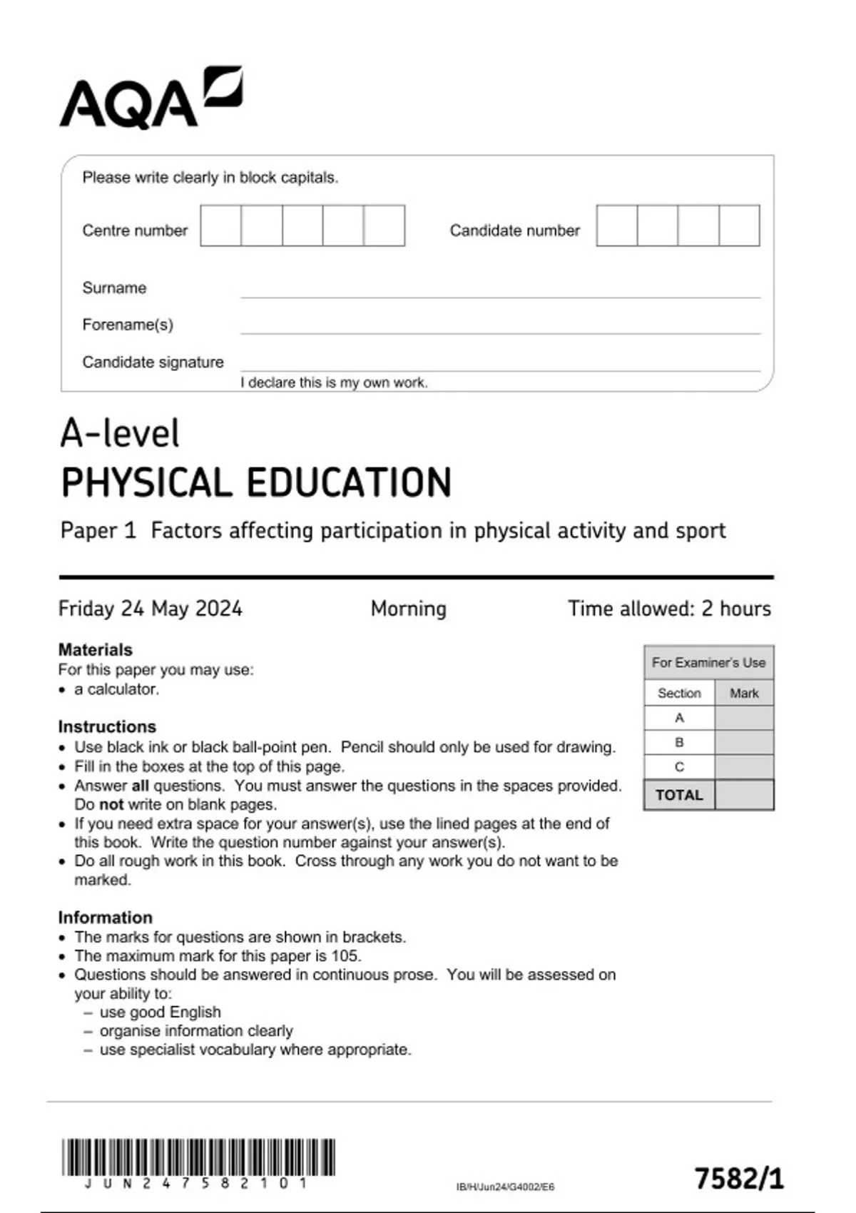 AQA A-level PHYSICAL EDUCATION Paper 1 and 2 JUNE 2024 QUESTION PAPERS ...