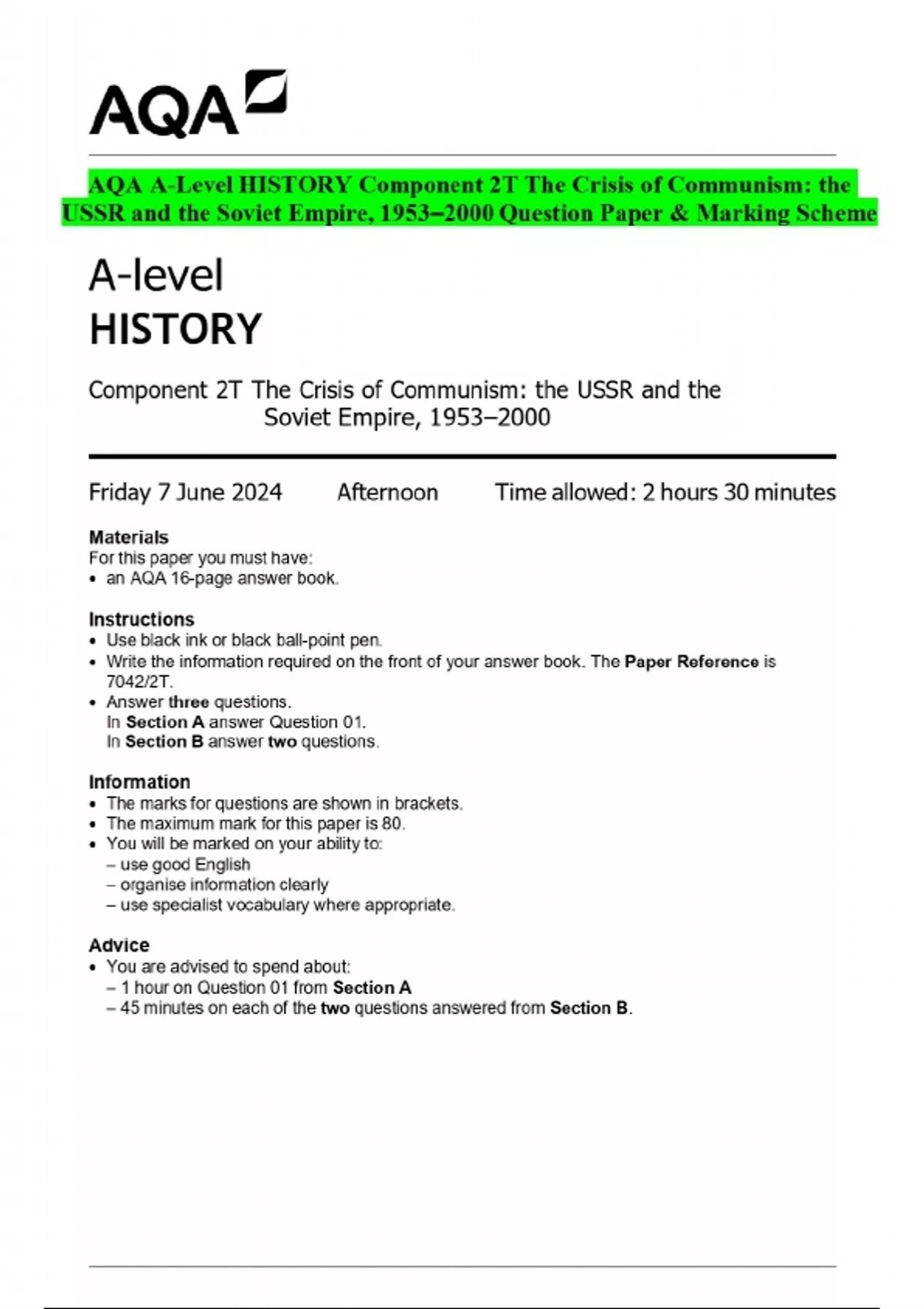 AQA A-Level HISTORY Component 2T The Crisis of Communism: the USSR and ...