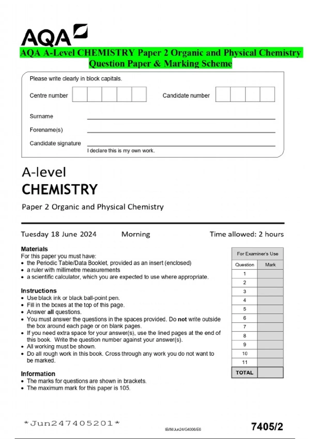 AQA A-Level CHEMISTRY Paper 2 Organic and Physical Chemistry Question ...