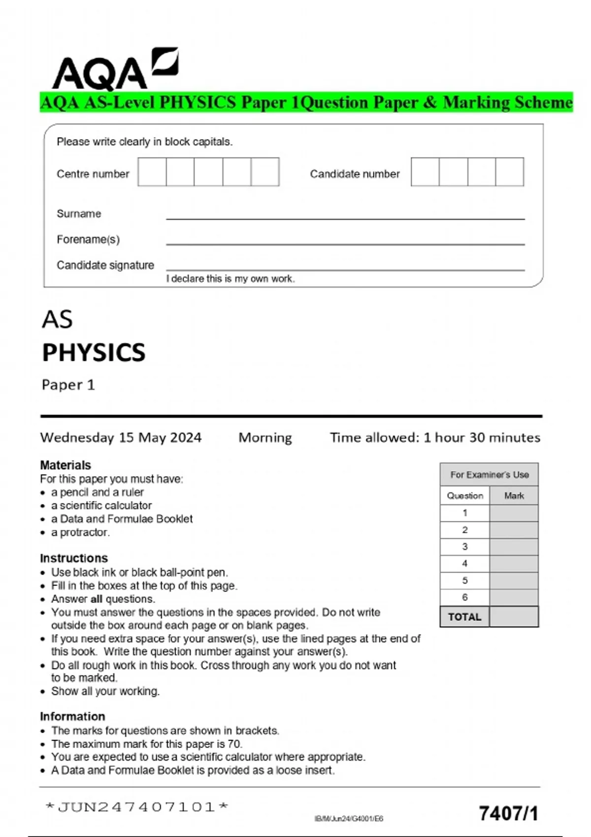 AQA AS-Level PHYSICS Paper 1 Question Paper & Marking Scheme - AQA AS ...