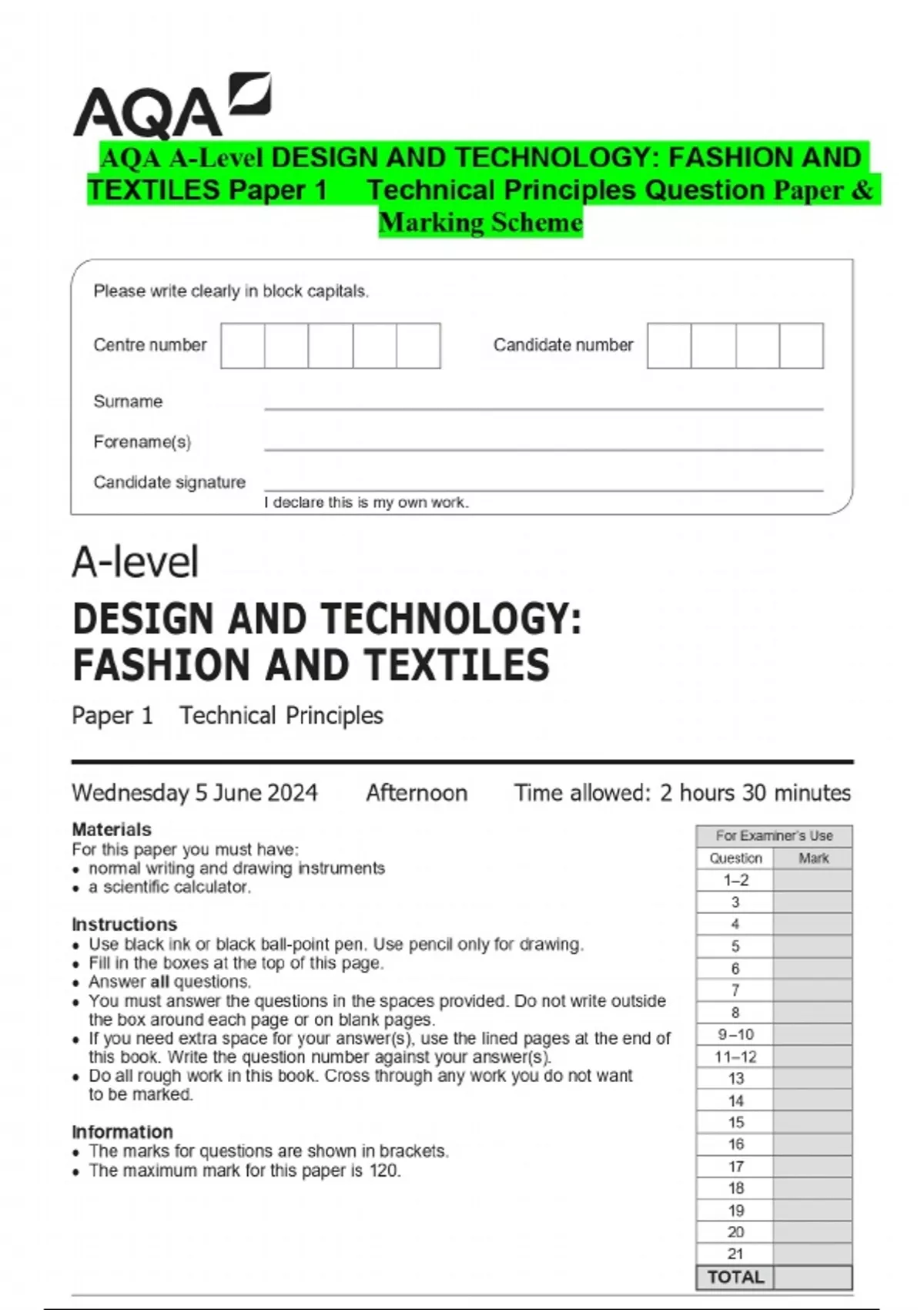 AQA A-Level DESIGN AND TECHNOLOGY: FASHION AND TEXTILES Paper 1 ...