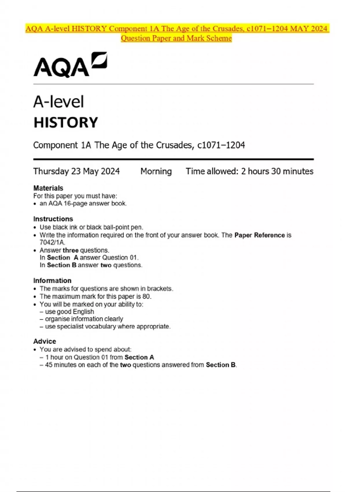 AQA A-level HISTORY Component 1A The Age of the Crusades, c1071–1204 ...