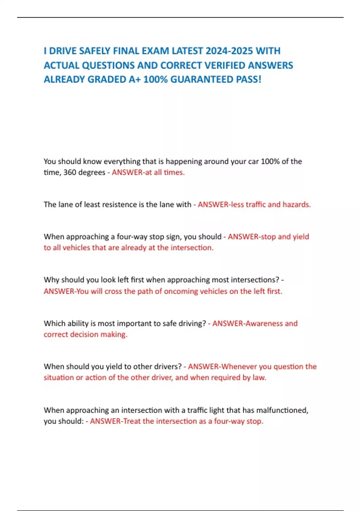 I DRIVE SAFELY FINAL EXAM LATEST WITH ACTUAL QUESTIONS AND CORRECT ...