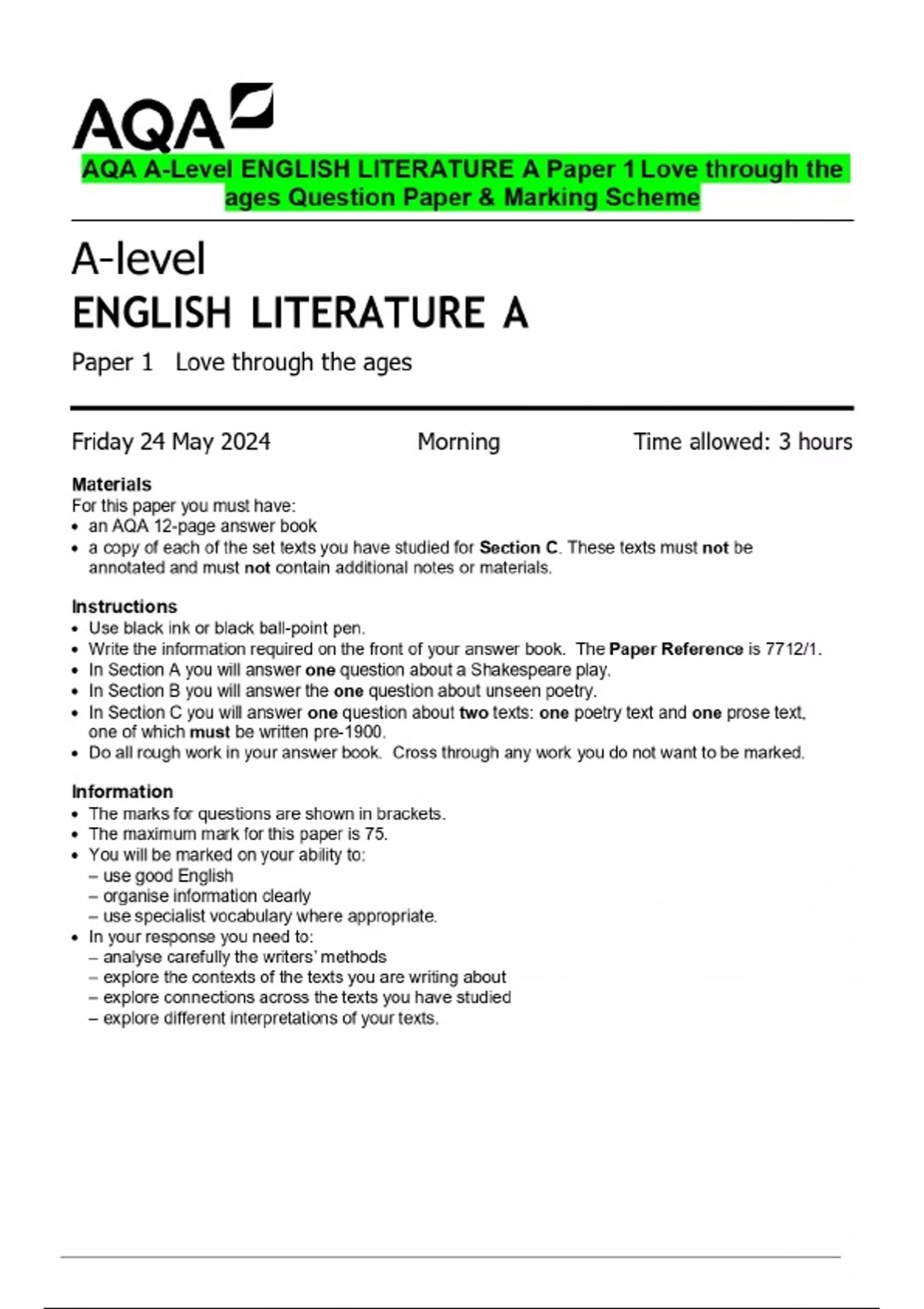 AQA A-Level ENGLISH LITERATURE A Paper 1 Love through the ages Question ...