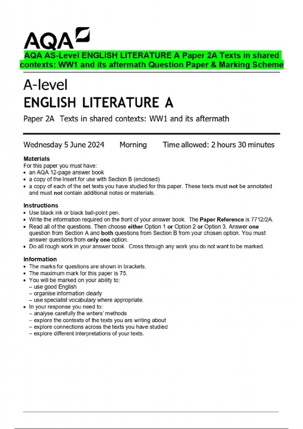 AQA AS-Level ENGLISH LITERATURE A Paper 2A Texts in shared contexts ...
