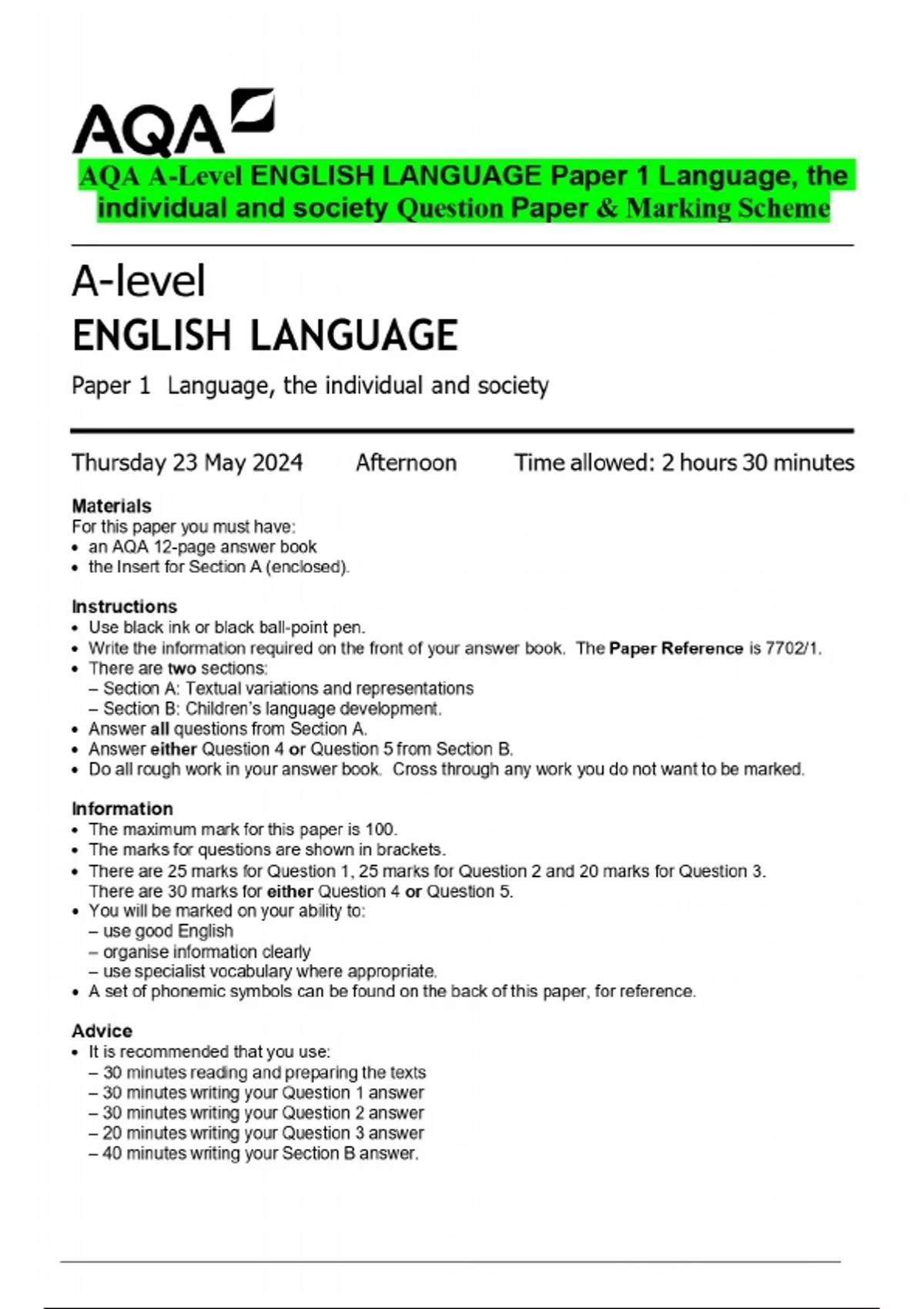 PACKAGE-::AQA A-Level ENGLISH LANGUAGE 2024- Complete Question Paper ...