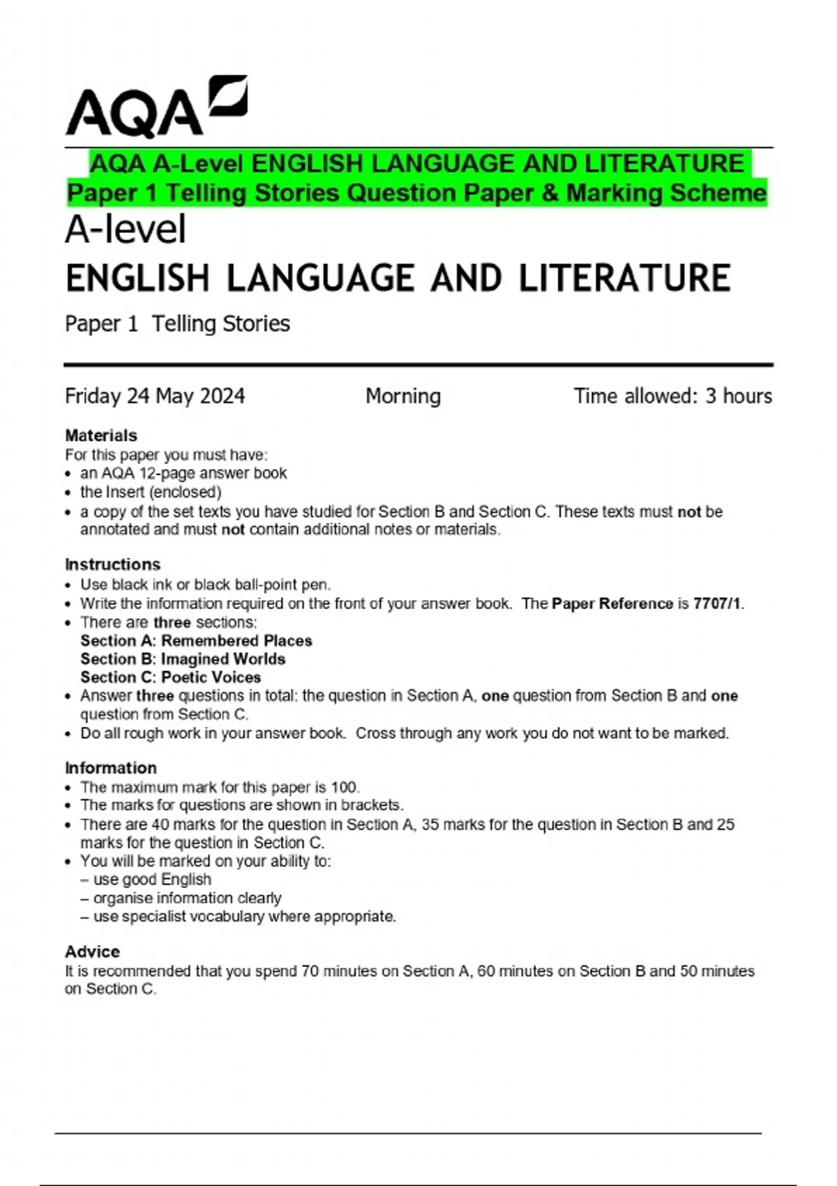 AQA A-Level ENGLISH LANGUAGE AND LITERATURE Paper 1 Telling Stories ...