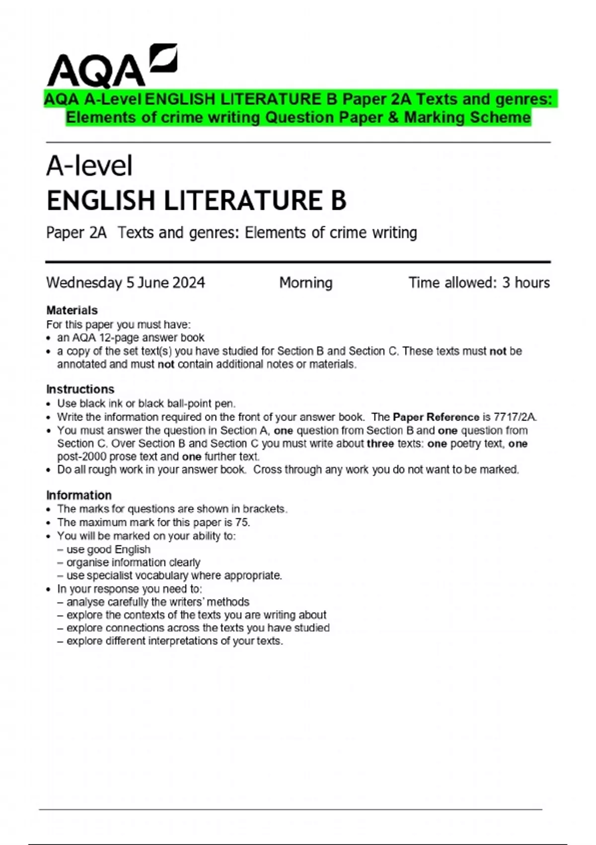 AQA A-Level ENGLISH LITERATURE B Paper 2A Texts and genres: Elements of ...