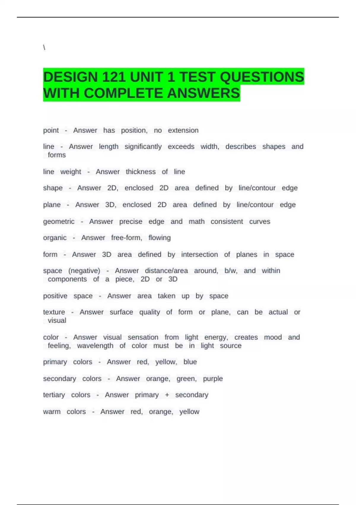 DESIGN 121 UNIT 1 TEST QUESTIONS WITH COMPLETE ANSWERS - PTHA 121 ...