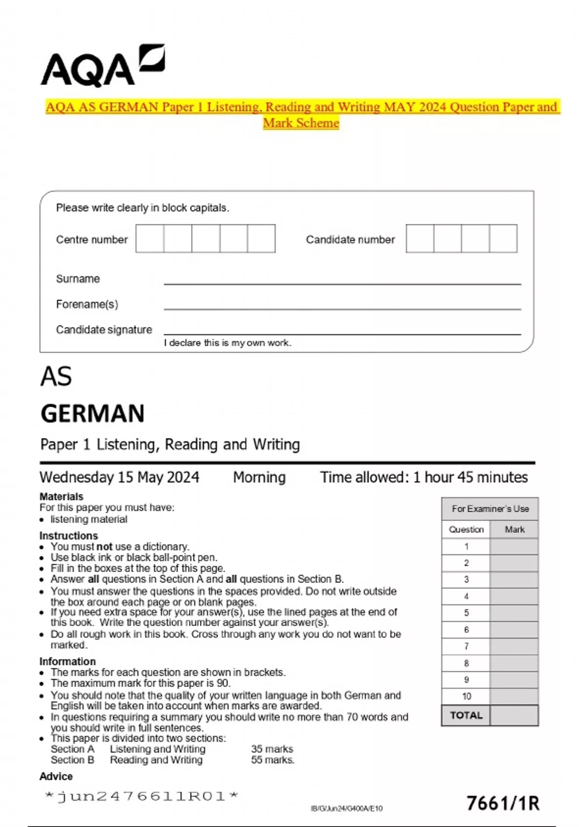 AQA A-LEVEL GERMAN Paper 1 Listening, Reading and Writing JUNE 2024 ...