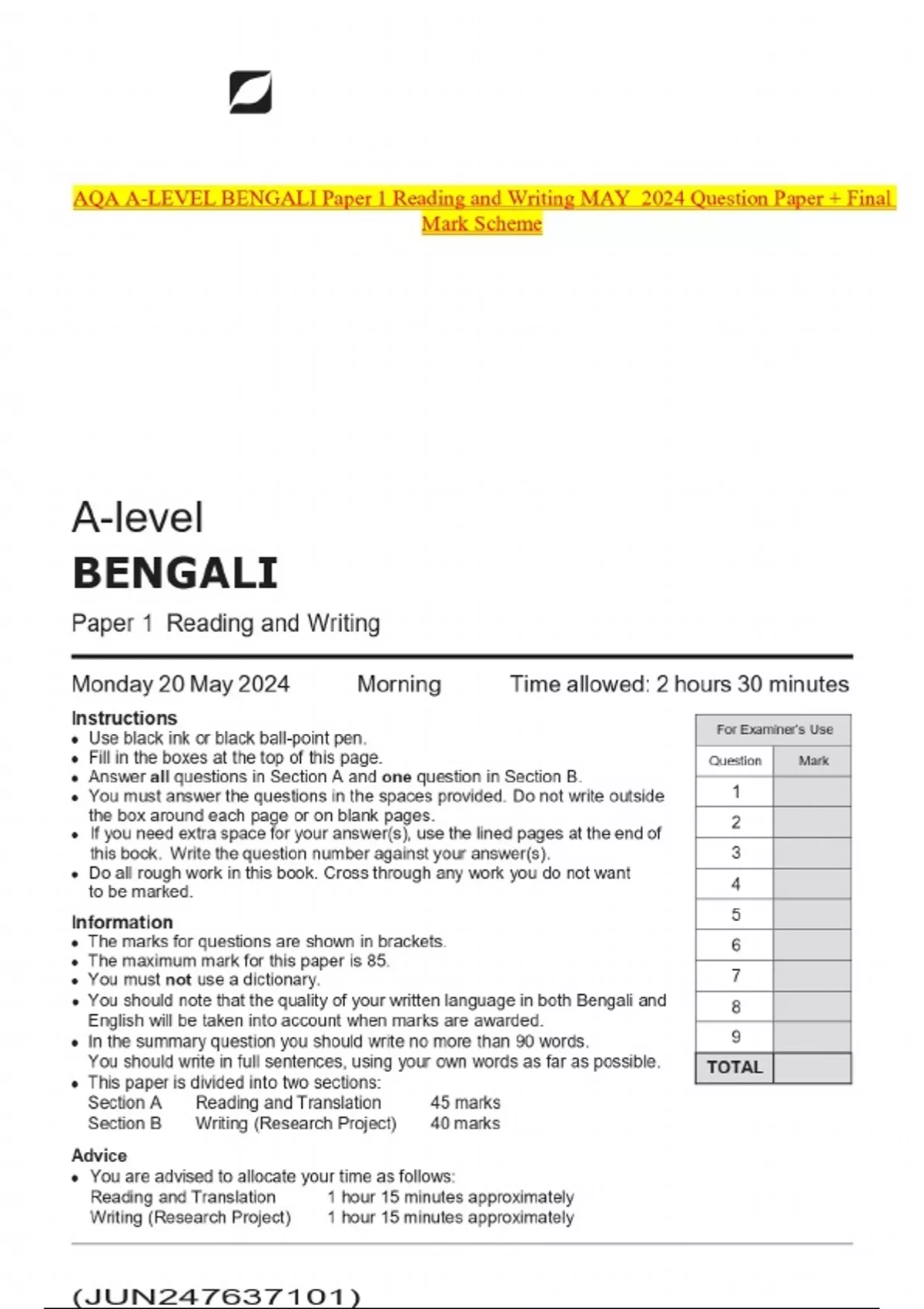 AQA A-LEVEL BENGALI Paper 1 Reading and Writing MAY 2024 Question Paper ...