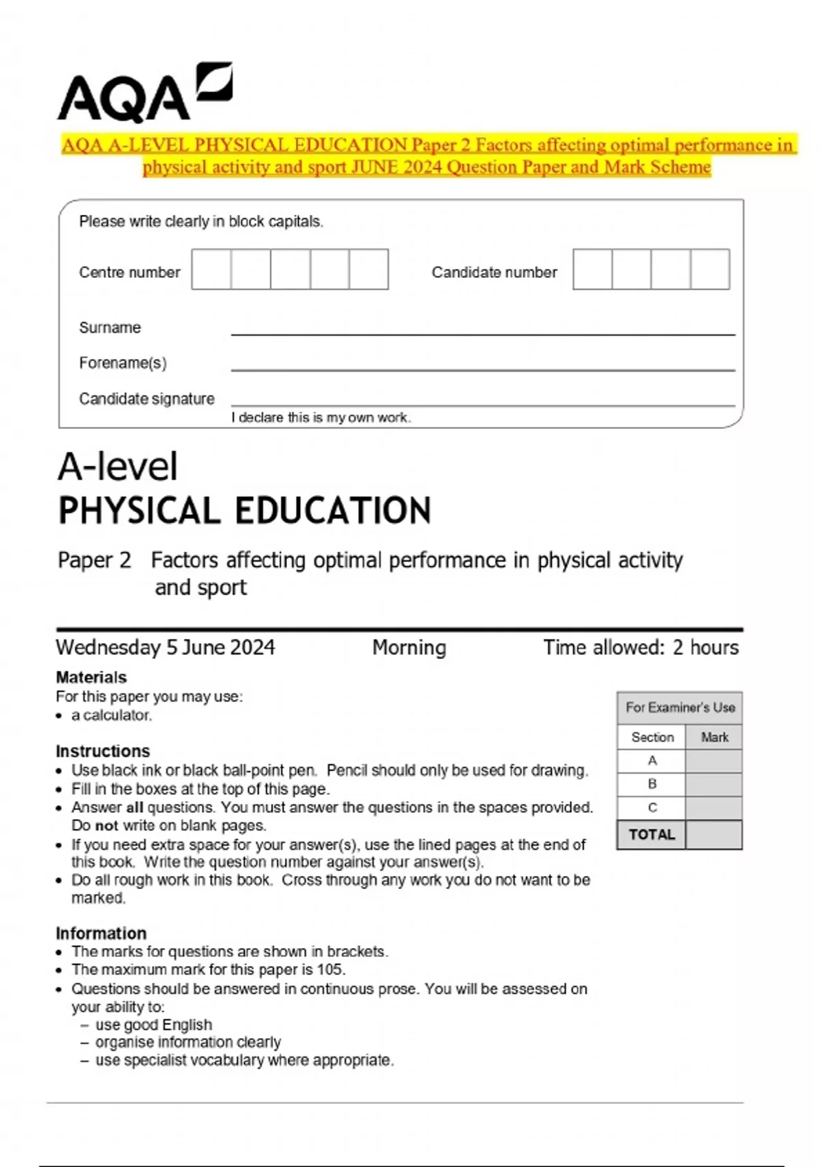 BUNDLE::: AQA A-LEVEL PHYSICAL EDUCATION 2024 Question Paper and Mark ...