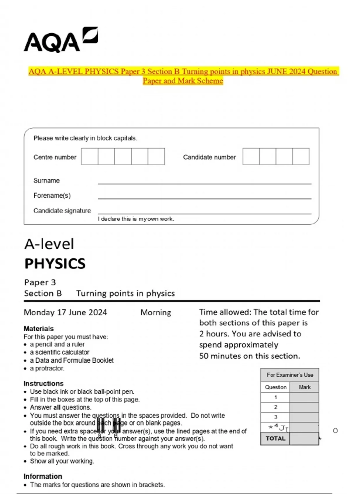 AQA A-LEVEL PHYSICS Paper 3 Section B Turning points in physics JUNE ...