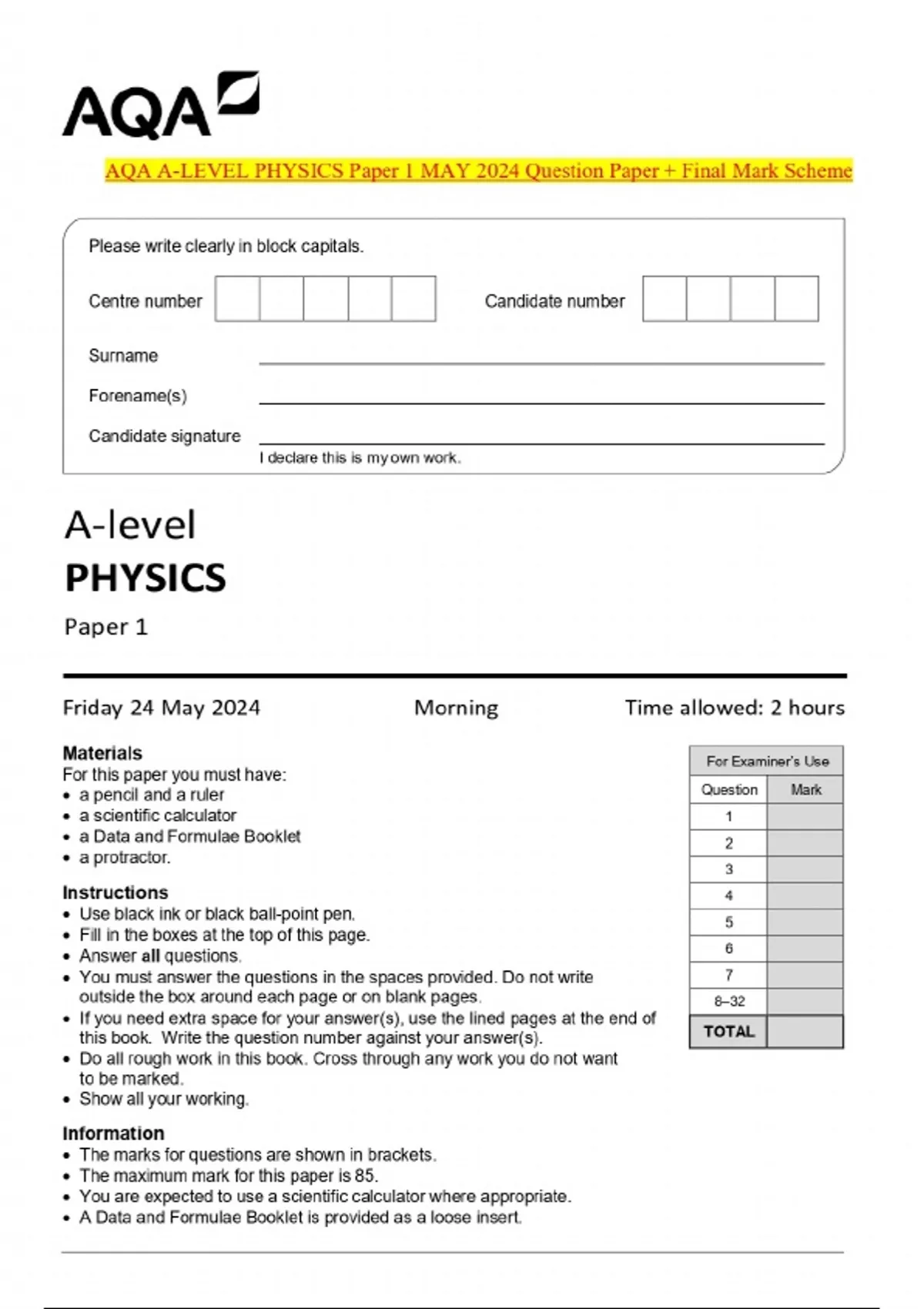 AQA A-LEVEL PHYSICS Paper 1 MAY 2024 Question Paper + Final Mark Scheme ...