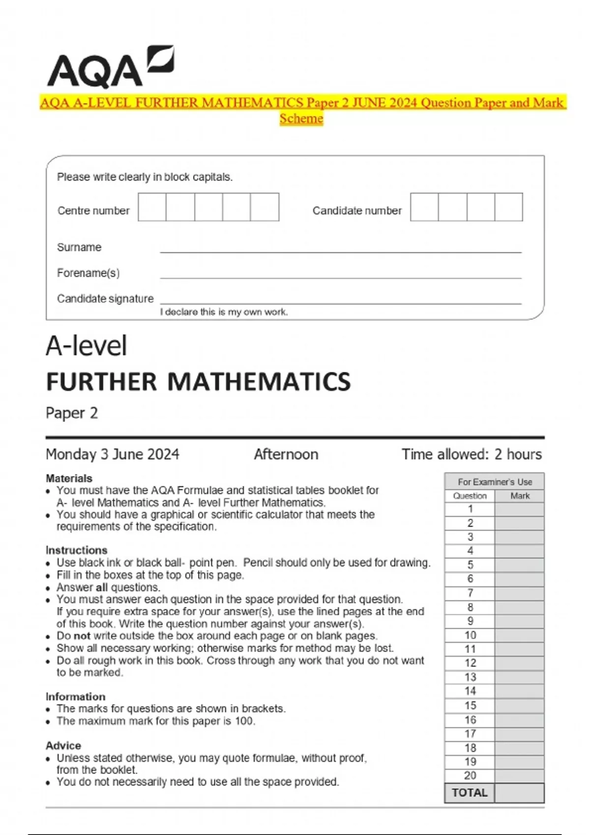AQA A-LEVEL FURTHER MATHEMATICS Paper 2 JUNE 2024 Question Paper and ...