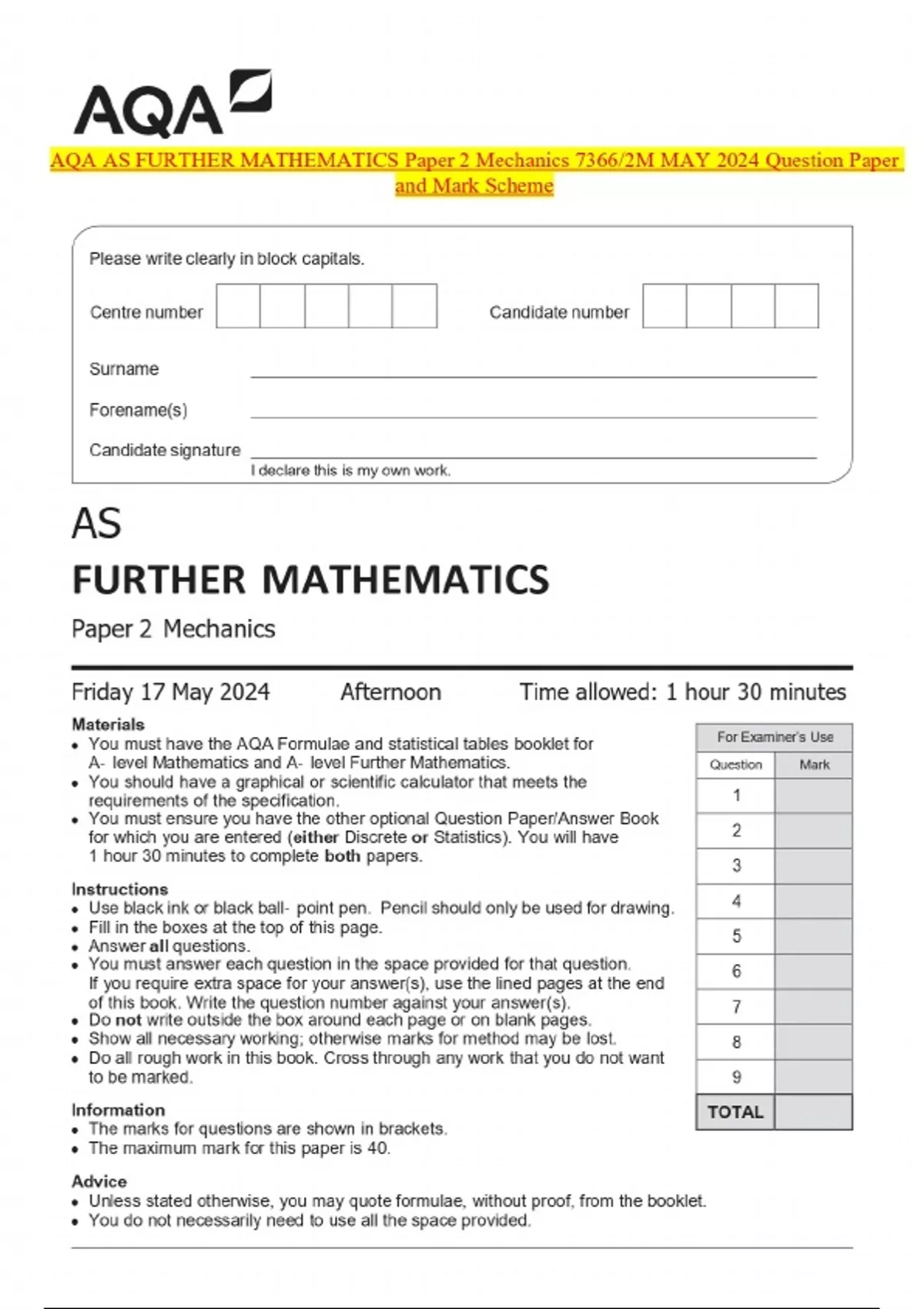 AQA AS FURTHER MATHEMATICS Paper 2 Mechanics 7366/2M MAY 2024 Question ...