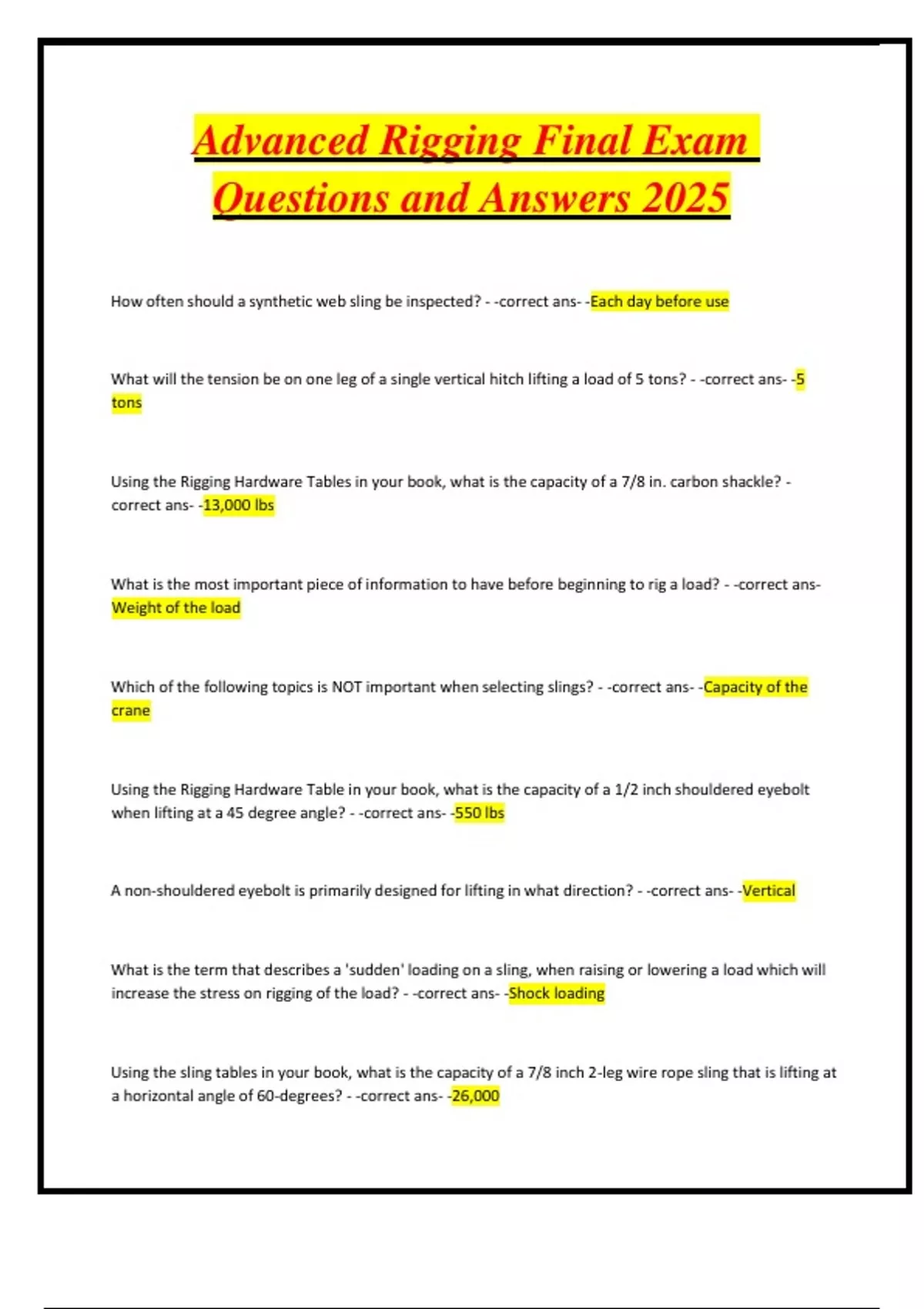 Advanced Rigging Final Exam Questions and Answers 2025 - Advanced ...