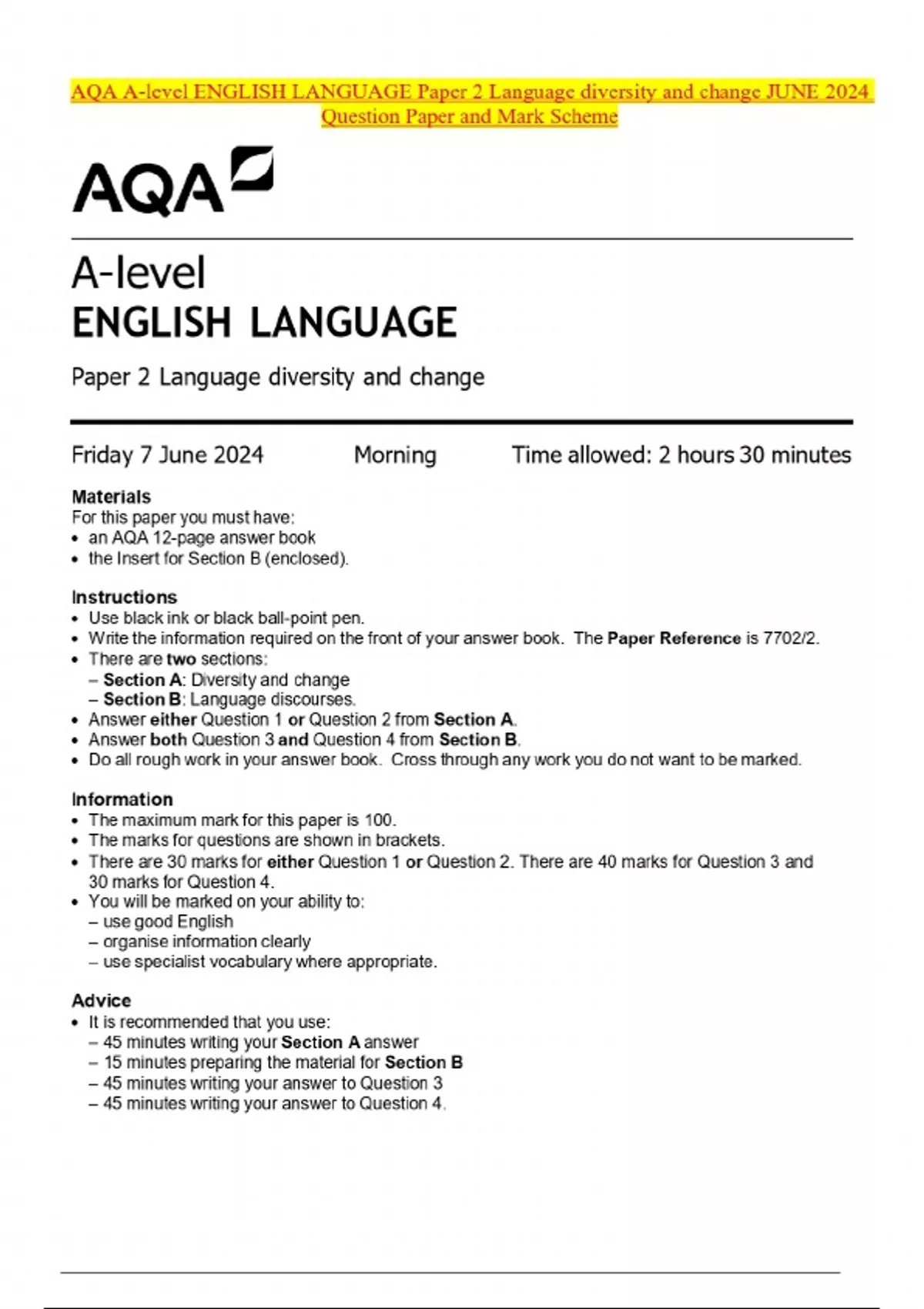 AQA A-level ENGLISH LANGUAGE Paper 2 Language diversity and change JUNE ...