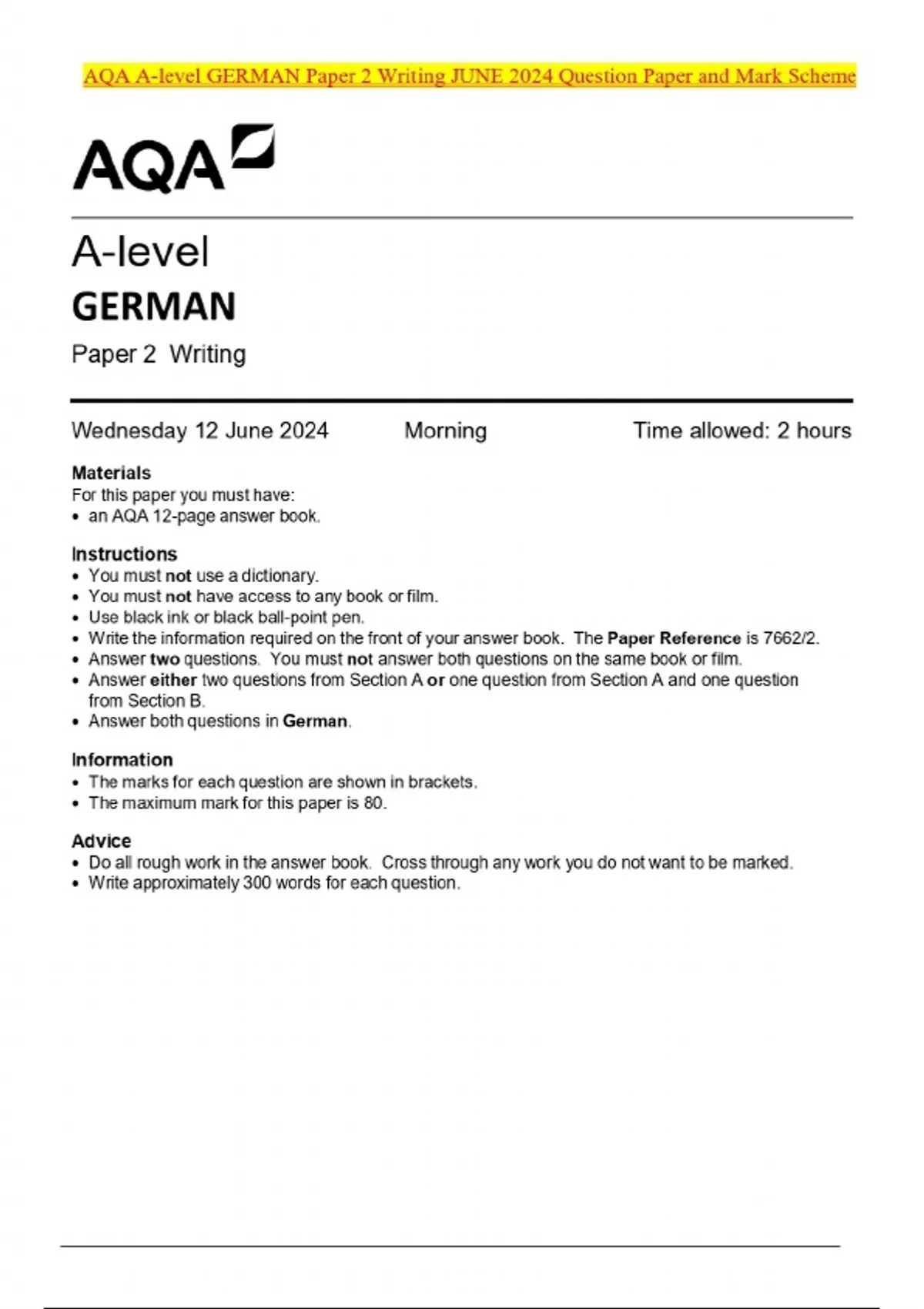 AQA A-level GERMAN Paper 2 Writing JUNE 2024 Question Paper and Mark ...