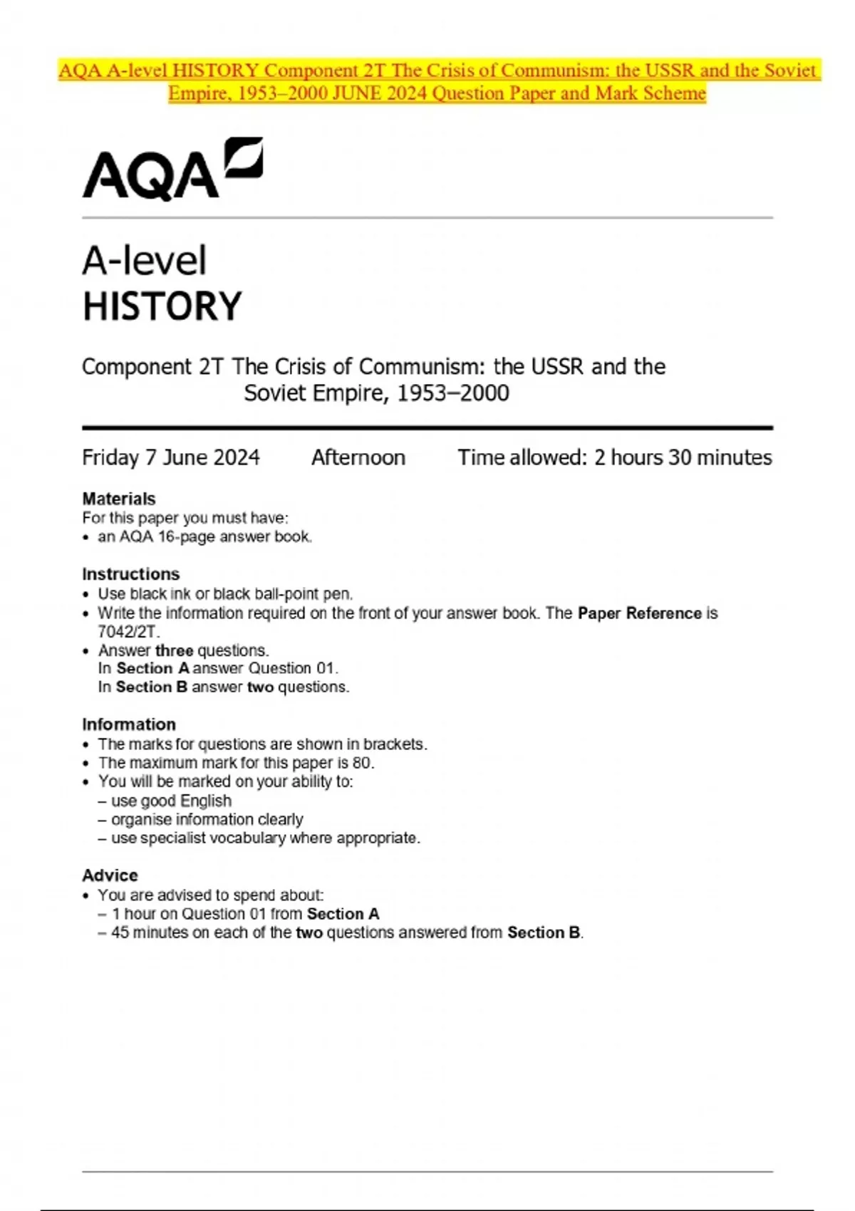 AQA A-level HISTORY Component 2T The Crisis of Communism: the USSR and ...