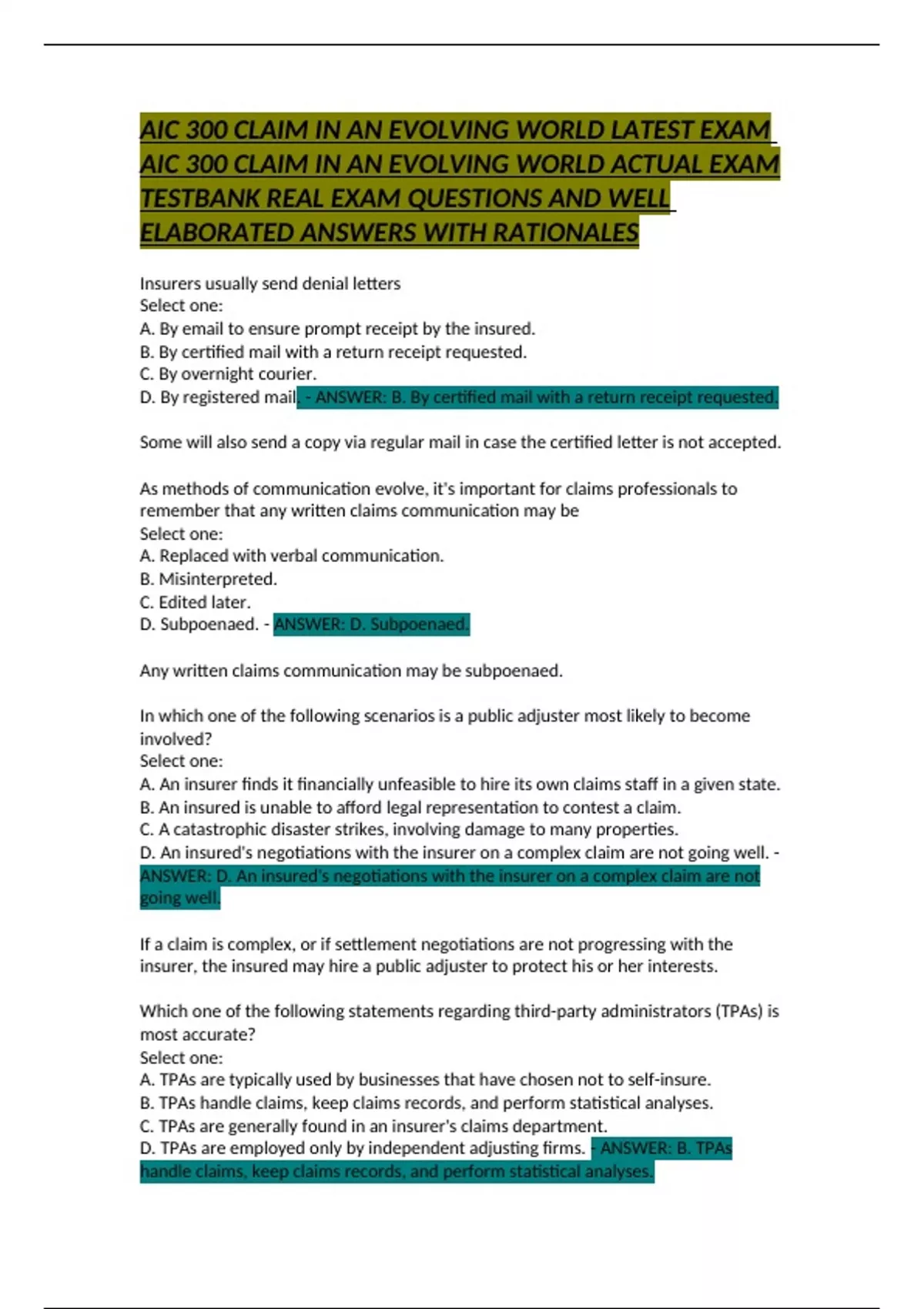 AIC 300 CLAIM IN AN EVOLVING WORLD LATEST EXAM AIC 300 CLAIM IN AN ...