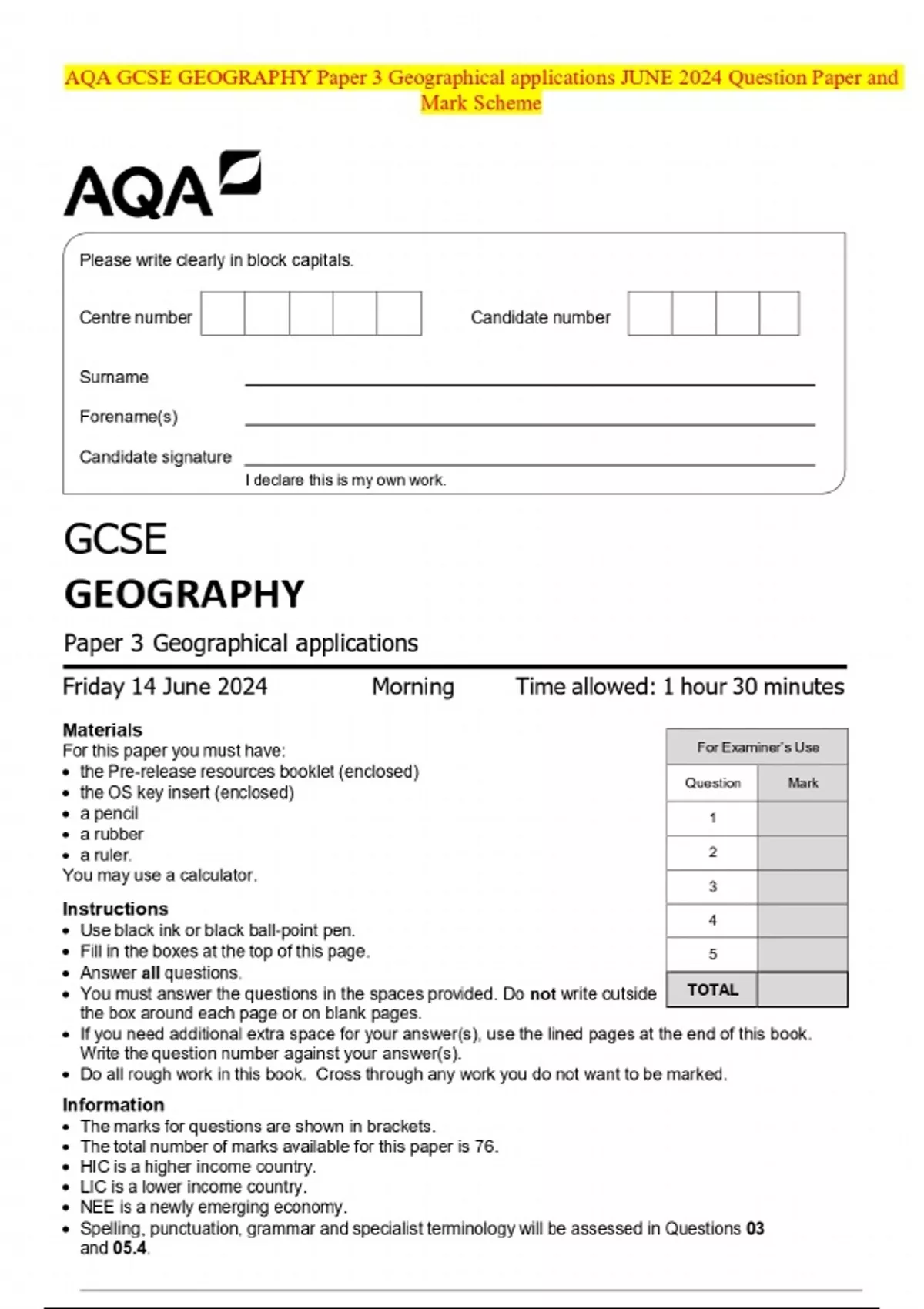 AQA GCSE GEOGRAPHY Paper 3 Geographical applications JUNE 2024 Question ...