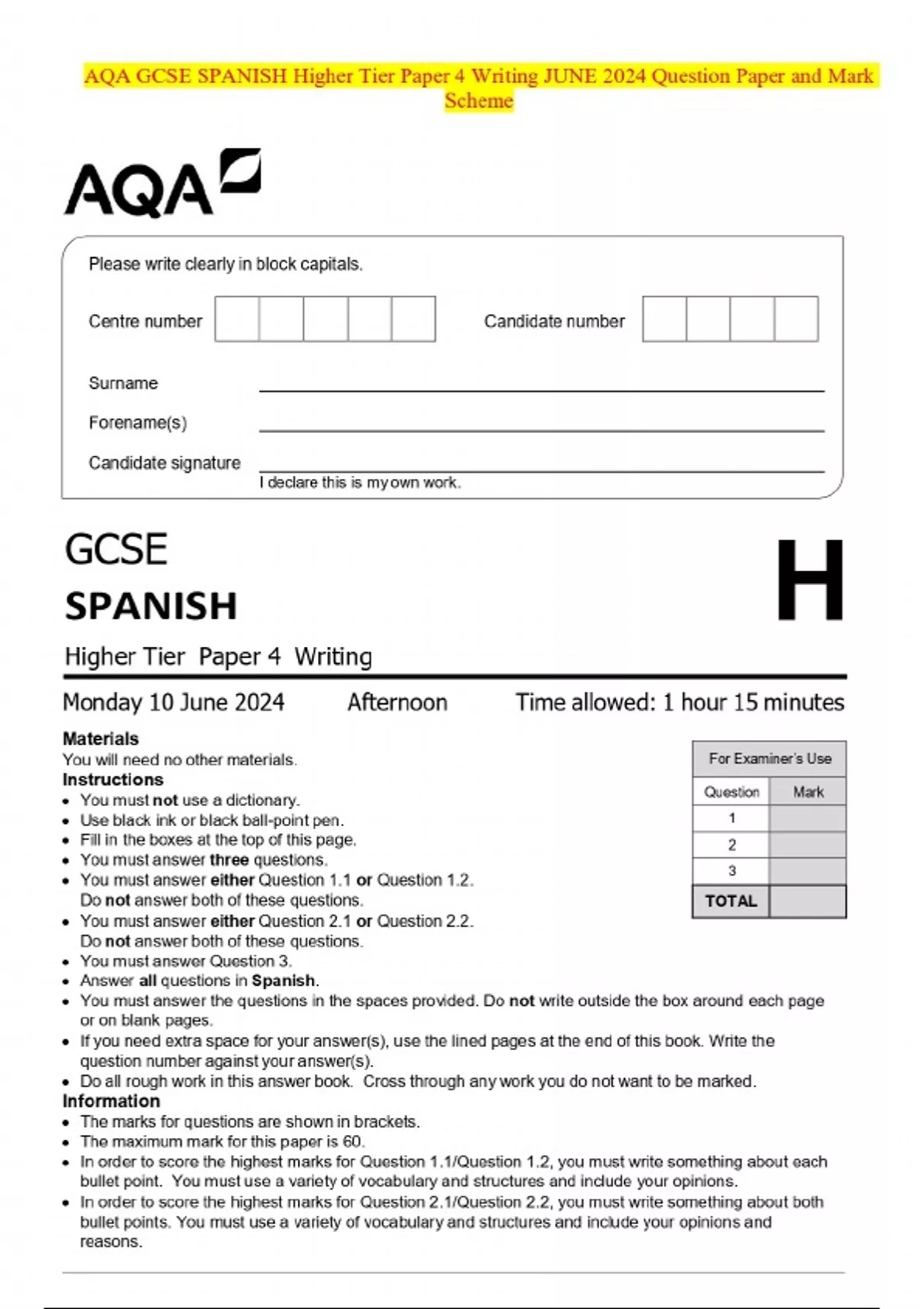 BUNDLE::: AQA GCSE SPANISH Higher Tier 2024 Question Paper and Mark ...