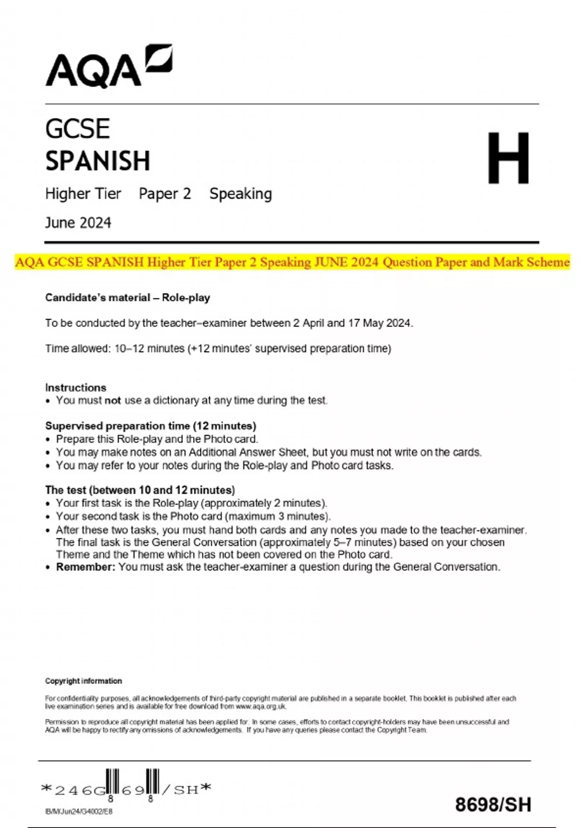 AQA GCSE SPANISH Higher Tier Paper 2 Speaking JUNE 2024 Question Paper ...