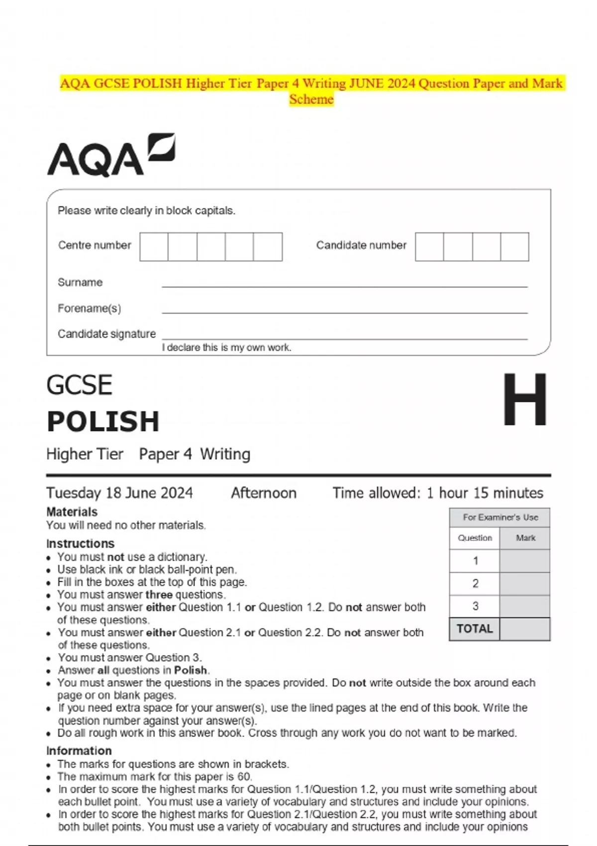 BUNDLE::: AQA GCSE POLISH Higher Tier 2024 Question Paper and Mark ...
