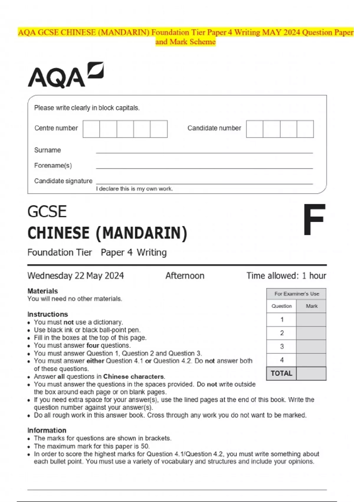 AQA GCSE CHINESE (MANDARIN) Foundation Tier Paper 4 Writing MAY 2024 ...