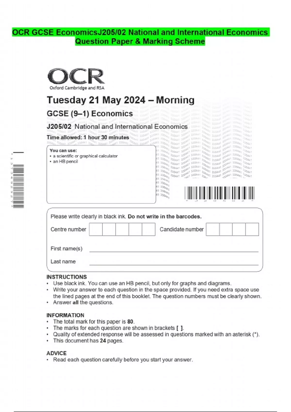 OCR GCSE EconomicsJ205/02 National and International Economics Question ...