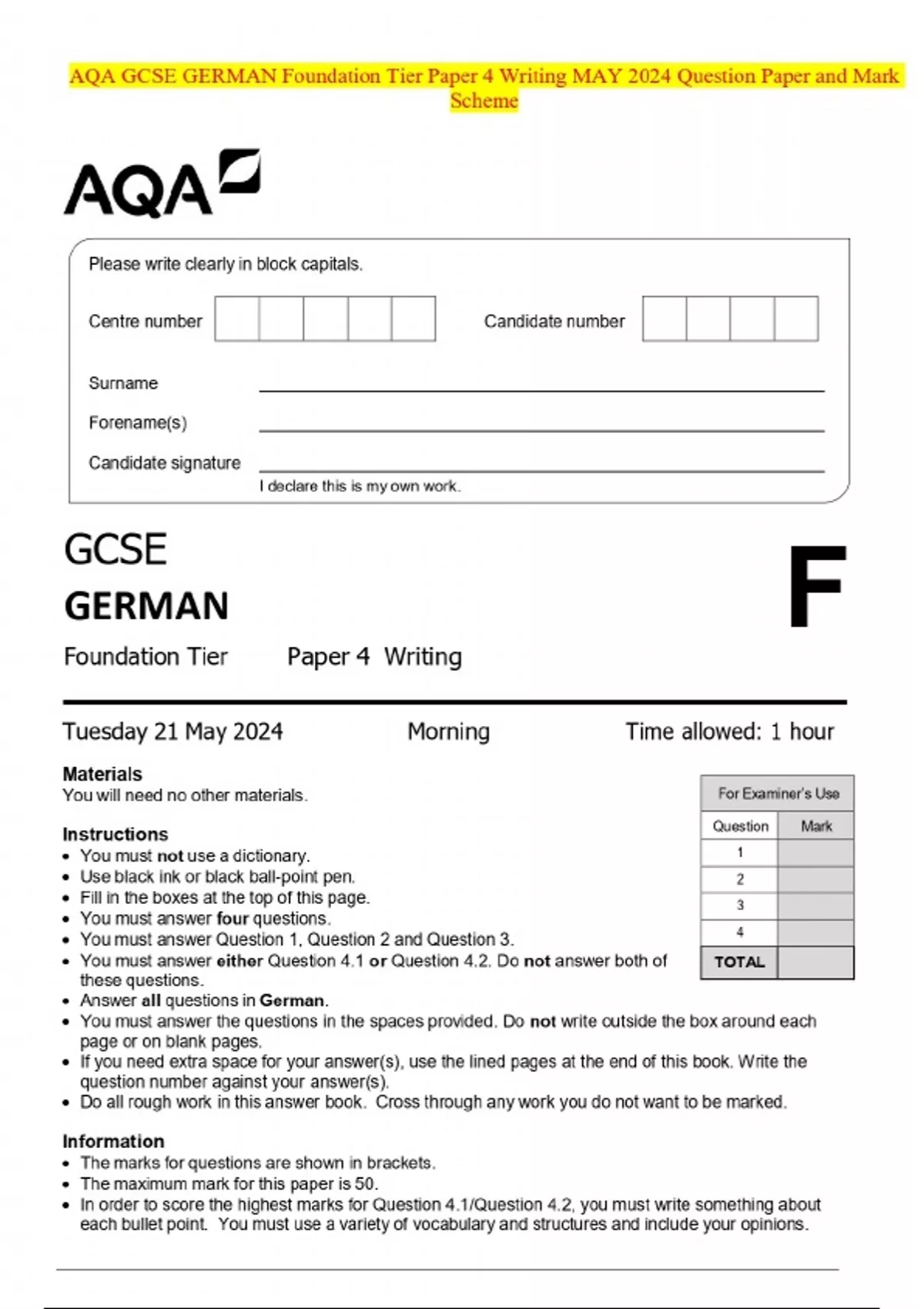 AQA GCSE GERMAN Foundation Tier Paper 4 Writing MAY 2024 Question Paper ...