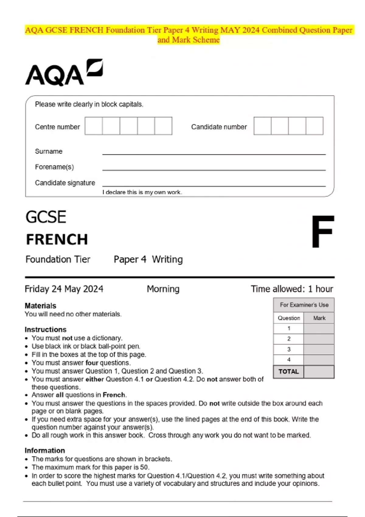 BUNDLE::: AQA GCSE FRENCH Foundation Tier 2024 Question Paper and Mark ...