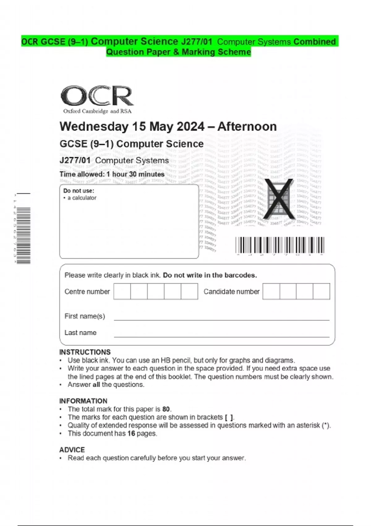 OCR GCSE (9–1) Computer Science J277/01 Computer Systems Combined ...