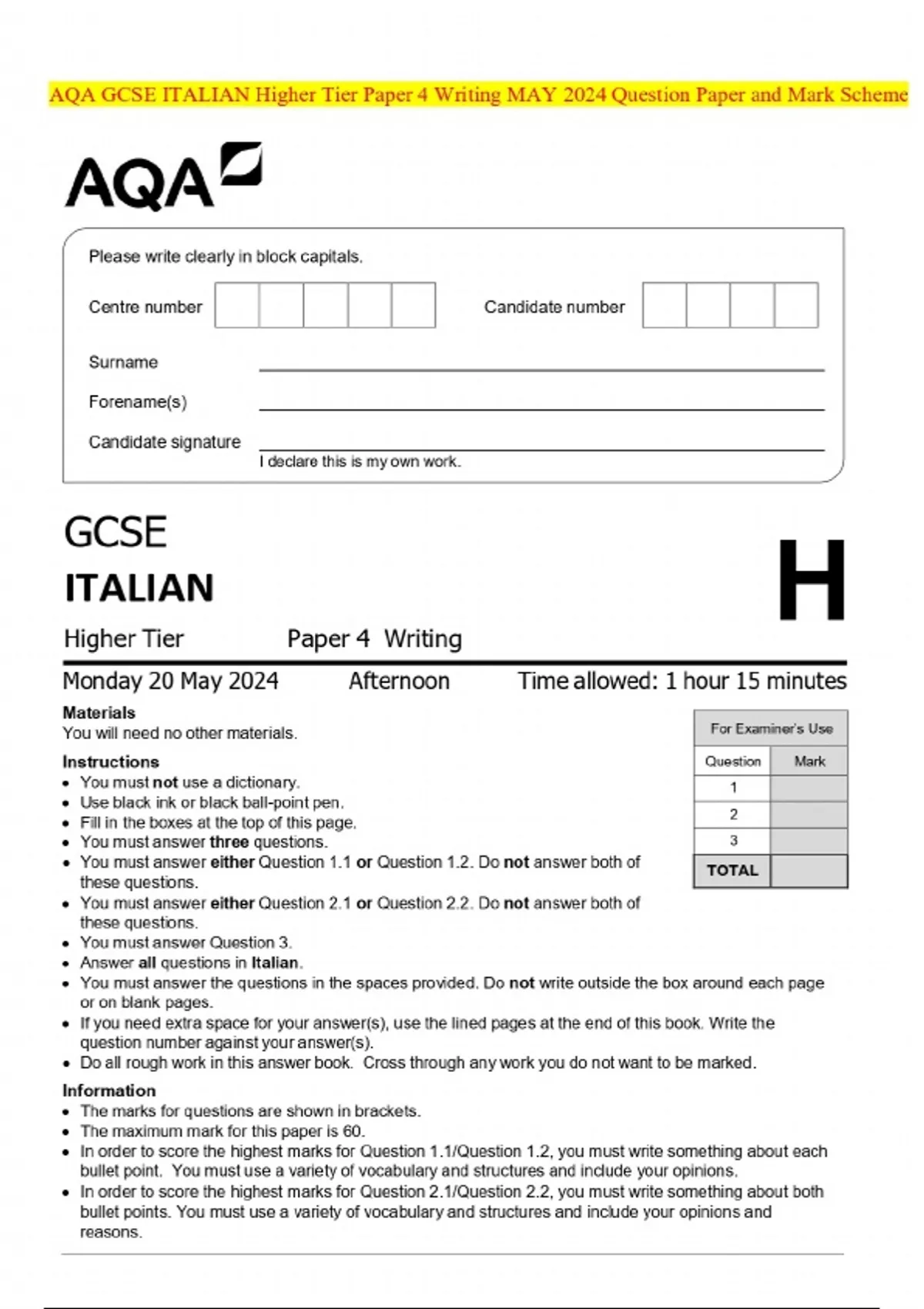 AQA GCSE ITALIAN Higher Tier Paper 4 Writing MAY 2024 Question Paper ...