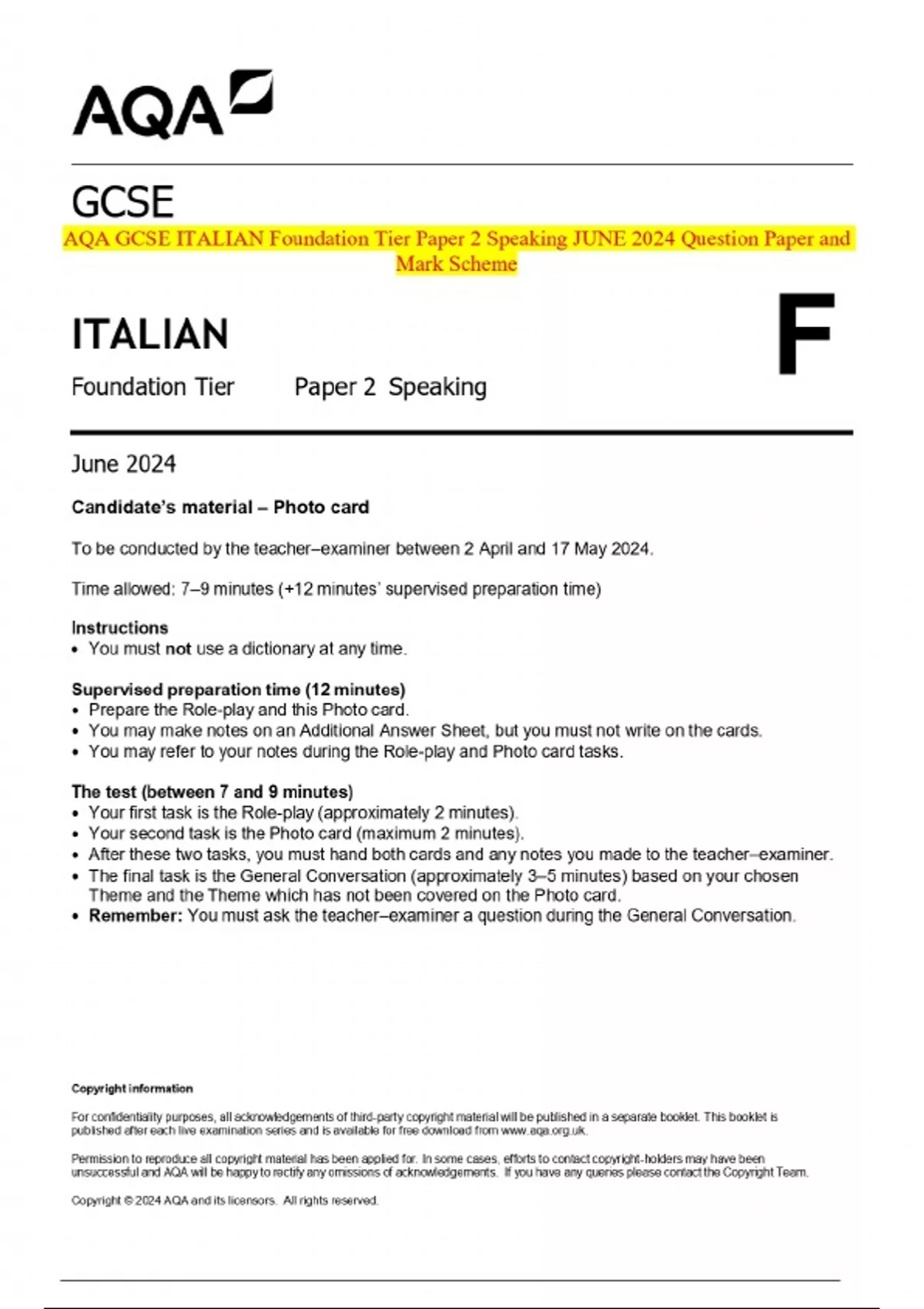 AQA GCSE ITALIAN Foundation Tier Paper 2 Speaking JUNE 2024 Question ...