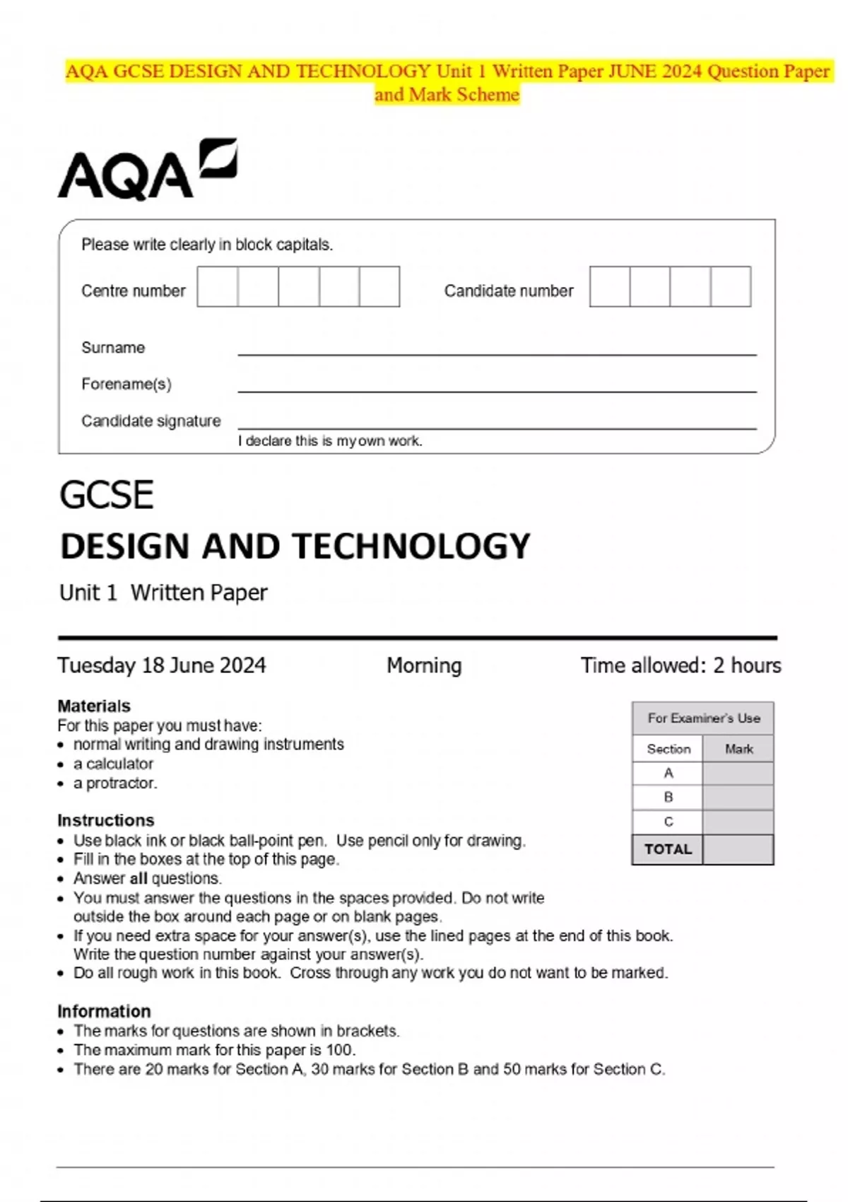 AQA GCSE DESIGN AND TECHNOLOGY Unit 1 Written Paper JUNE 2024 Question ...